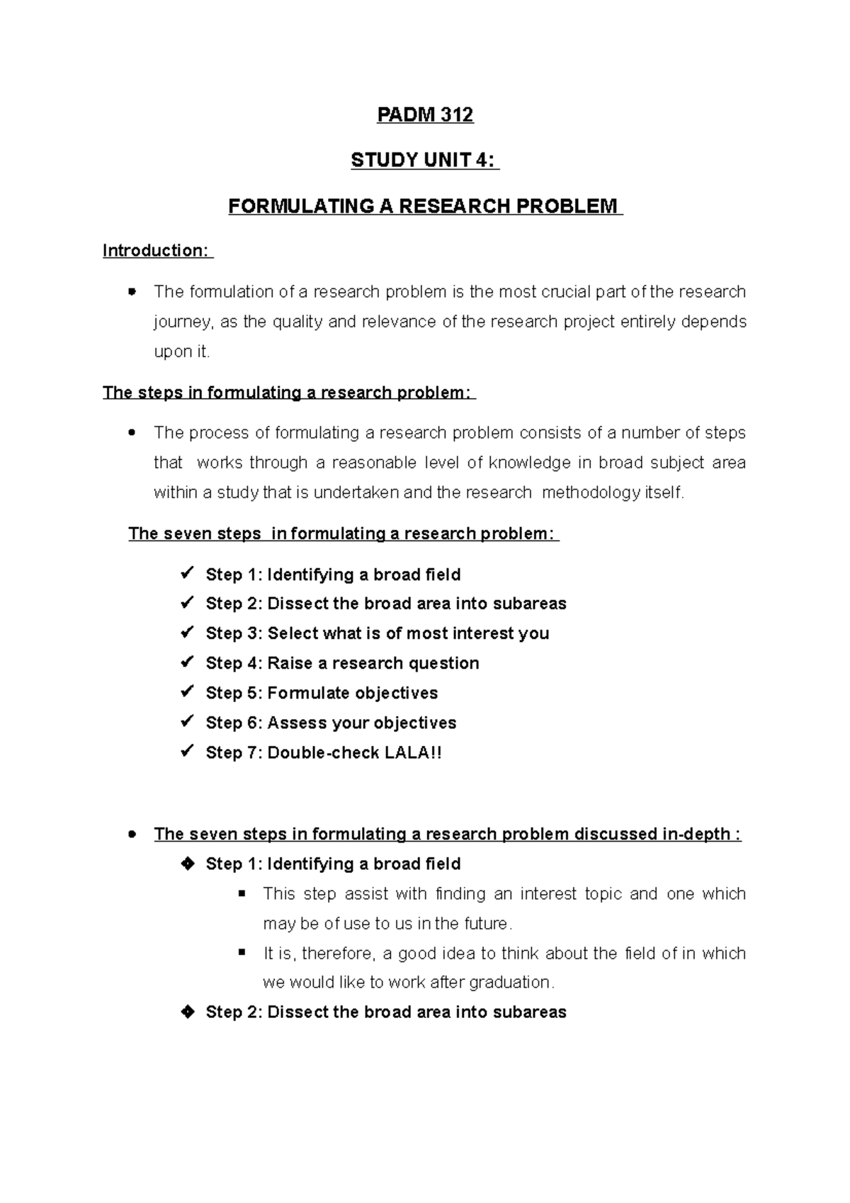 PADM 312 Notes SU 4,8 & 9 - PADM 312 STUDY UNIT 4: FORMULATING A ...