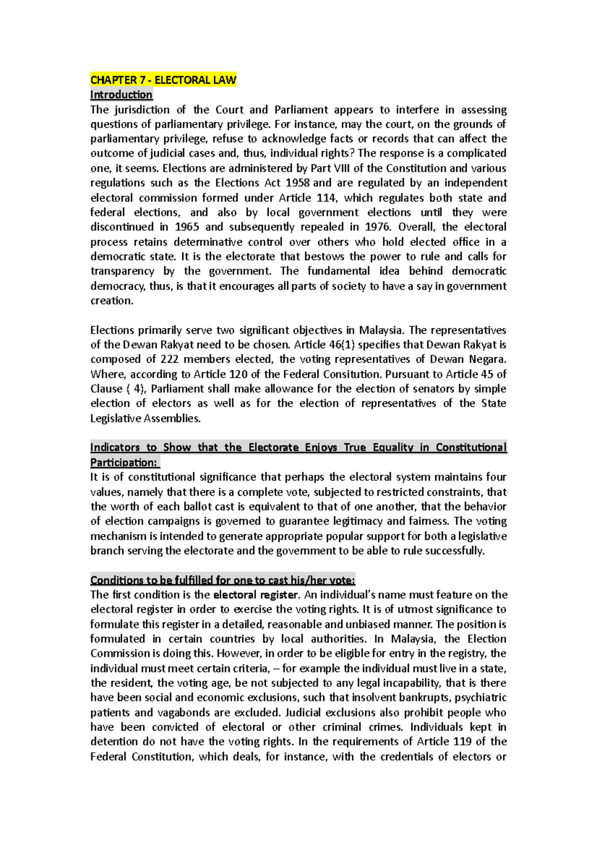 Constitutional law 1- CHAPTER 7 notes notes (handouts from lecture ...