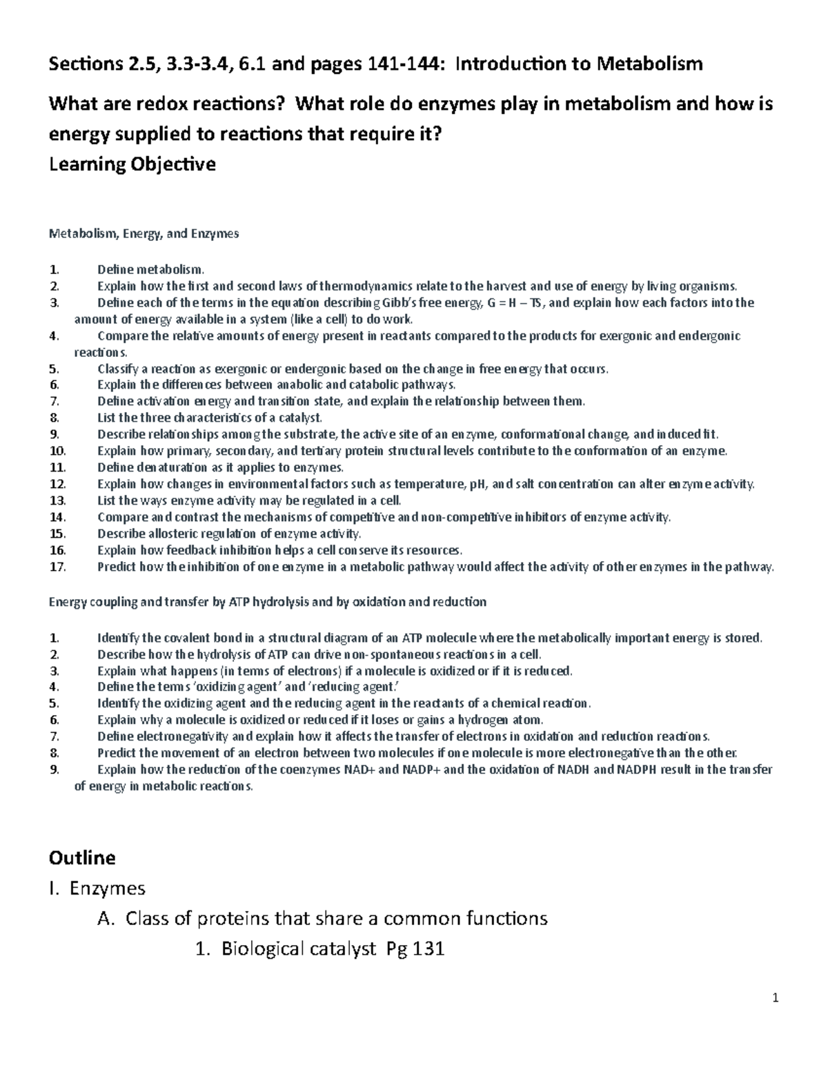 Outline Sections 2.5, 3.3-3.4, 6.1 pg. 141-144 Intro Metabolism ...