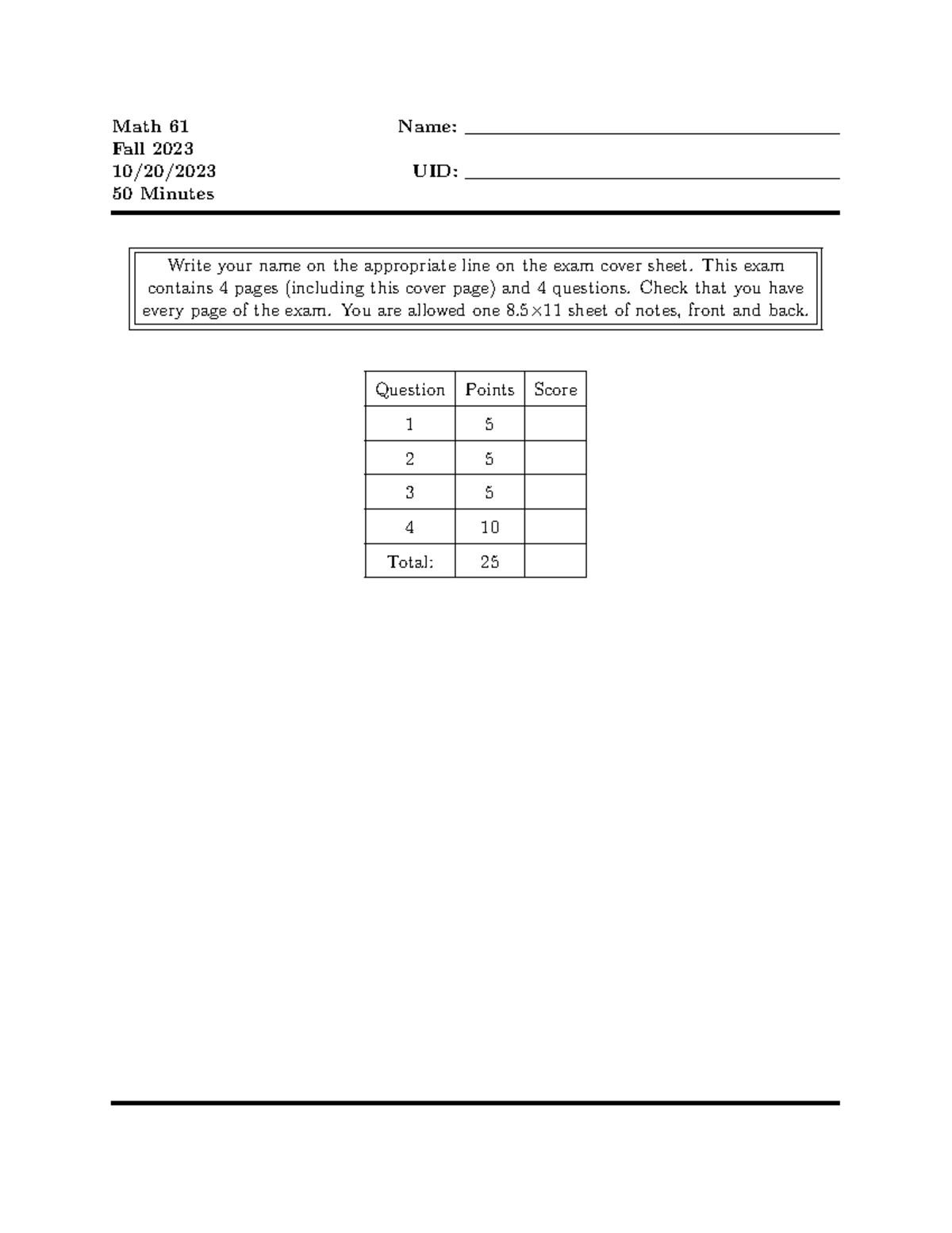 Practice+midterm+1+solutions+2 - Math 61 Name: Fall 2023 10/20/2023 UID ...