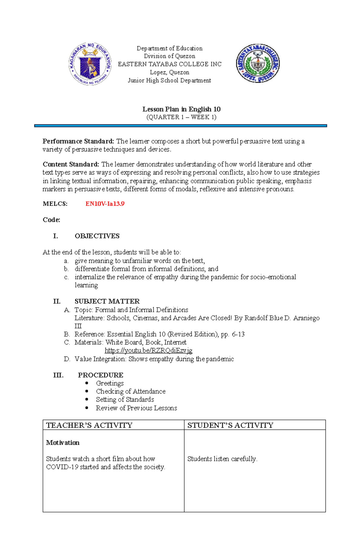 LP-Formal Definition - English 10-1st Quarter - Lesson Plan in English ...