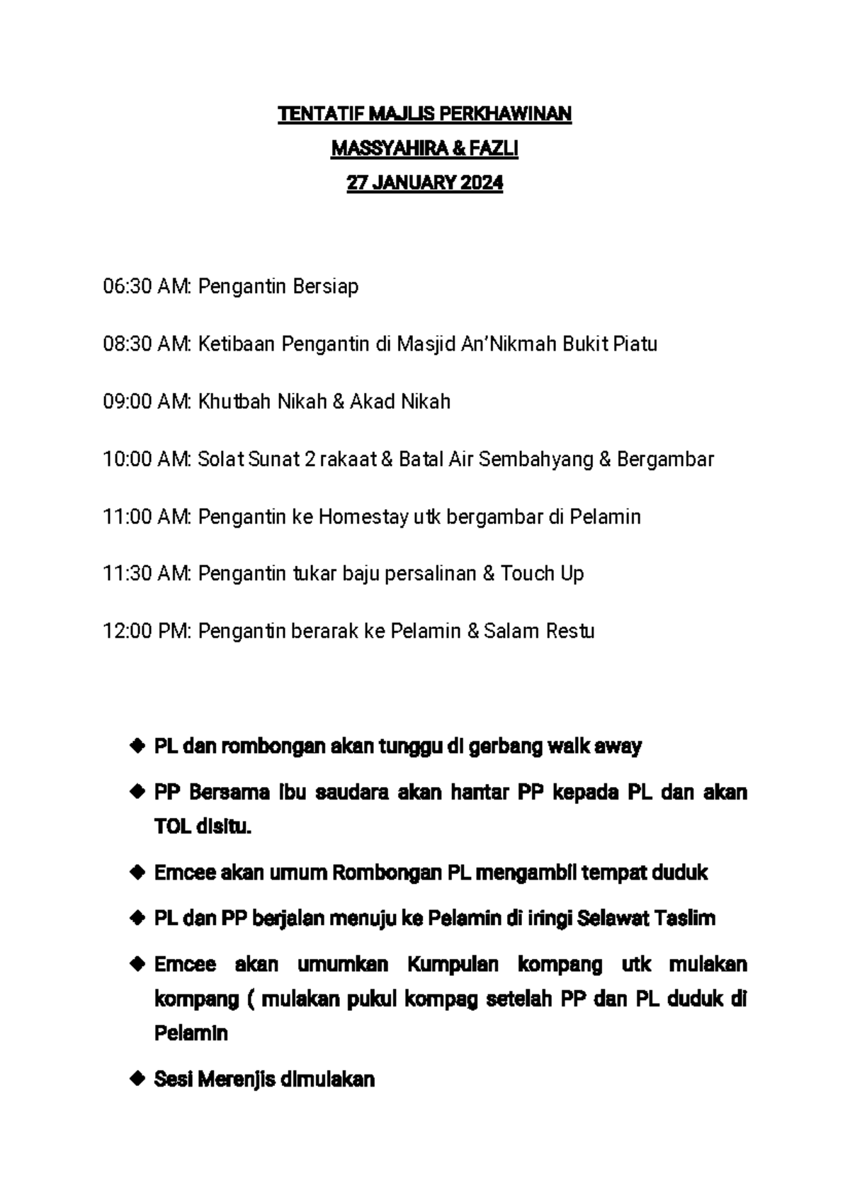 Tentative Event - TENTATIF MAJLIS PERKHAWINAN MASSYAHIRA & FAZLI 27 ...