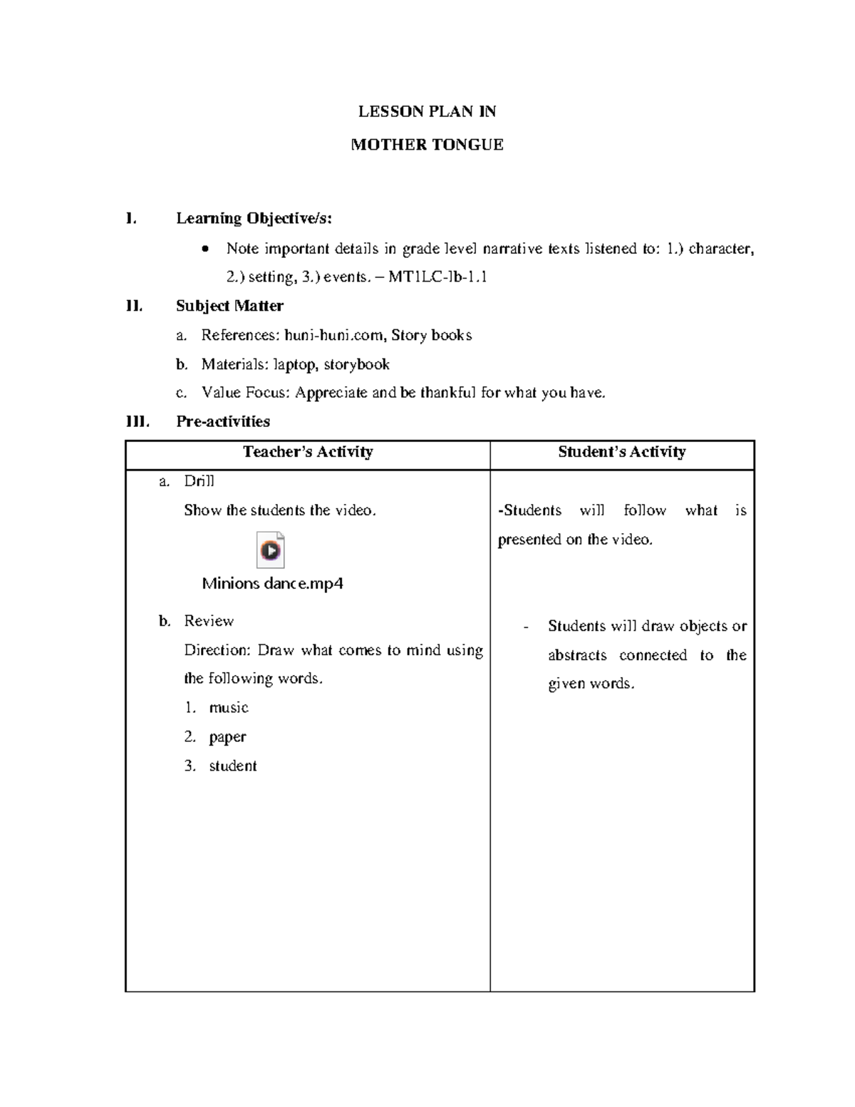 lesson plan sample on mtb - MLESSONOTHER TONG PLAN INUE I. Learning ...