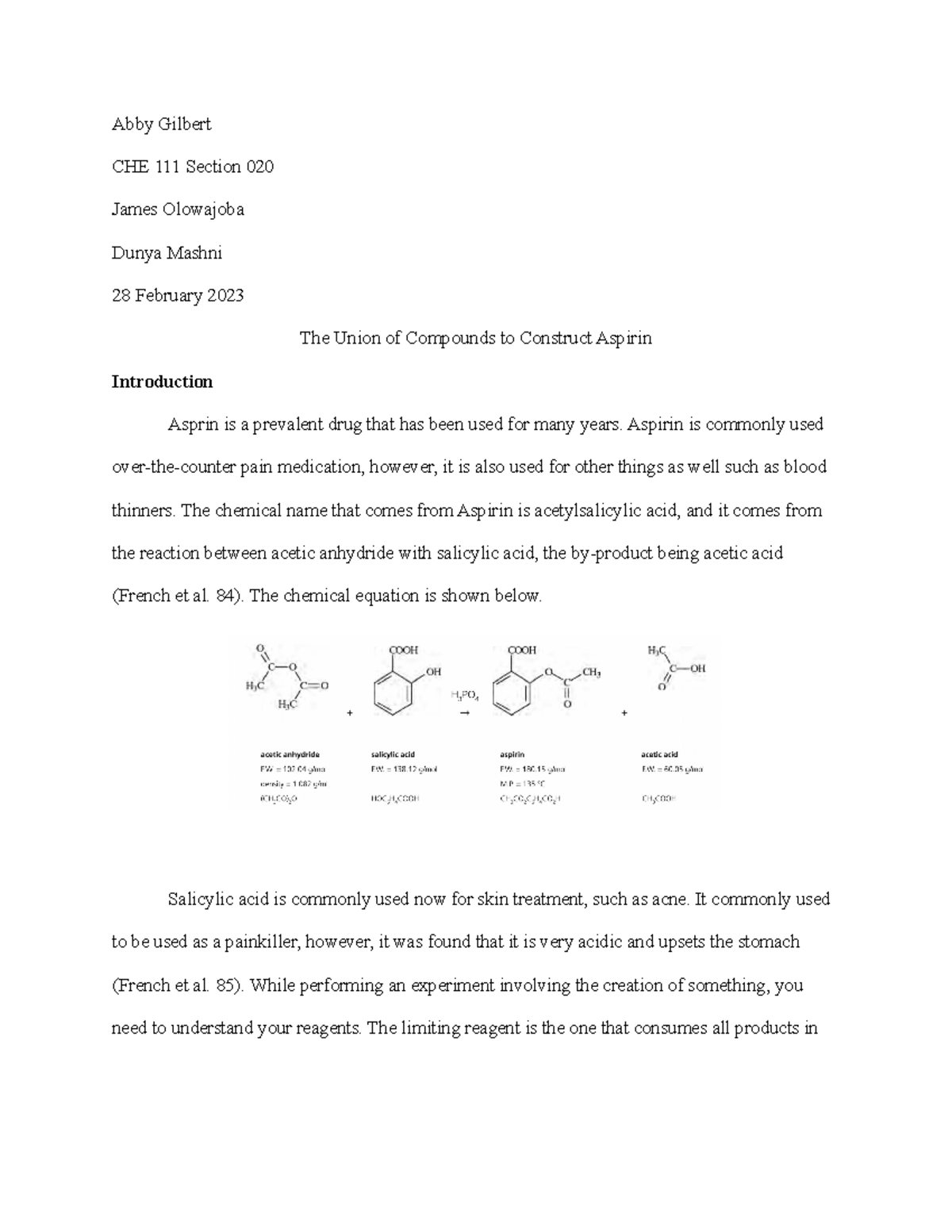 Experiment 5 Lab Report - Abby Gilbert CHE 111 Section 020 James ...