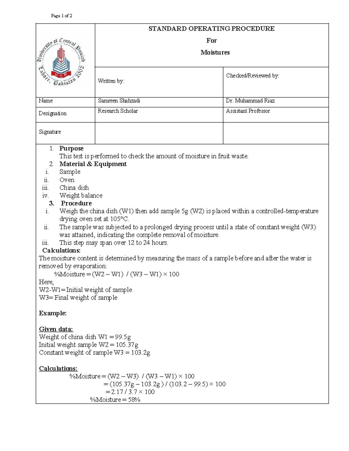 SOP for moisture analysis - Page 1 of 2 STANDARD OPERATING PROCEDURE ...