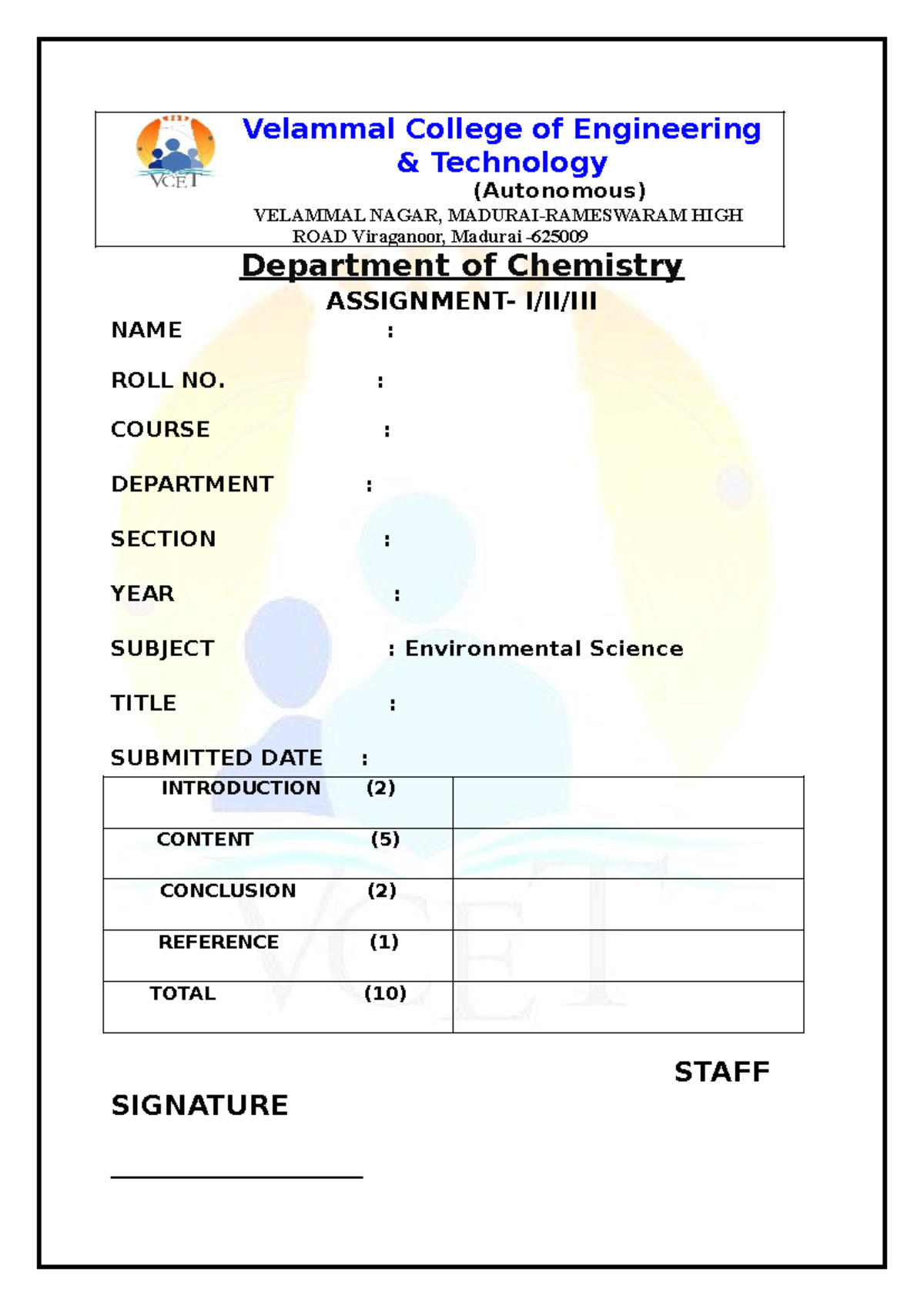 Assignment front page . EVS - Velammal College of Engineering ...