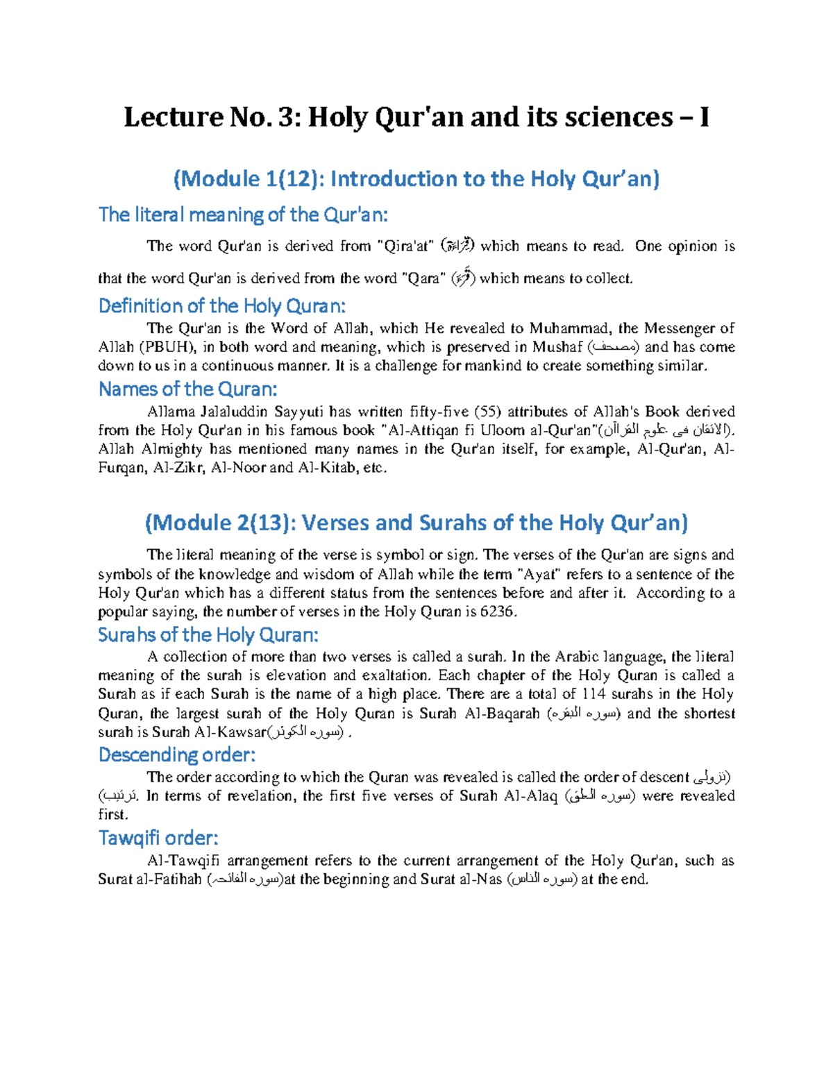 Handouts Lecture 03 ISL202 (English) - Lecture No. 3: Holy Qur'an and ...