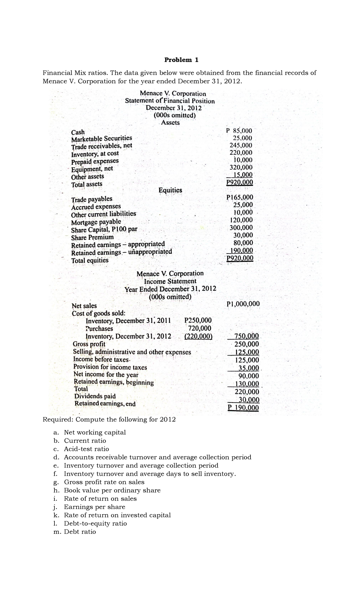 Quiz-5 - Practice for MAS - Problem 1 Financial Mix ratios. The data ...