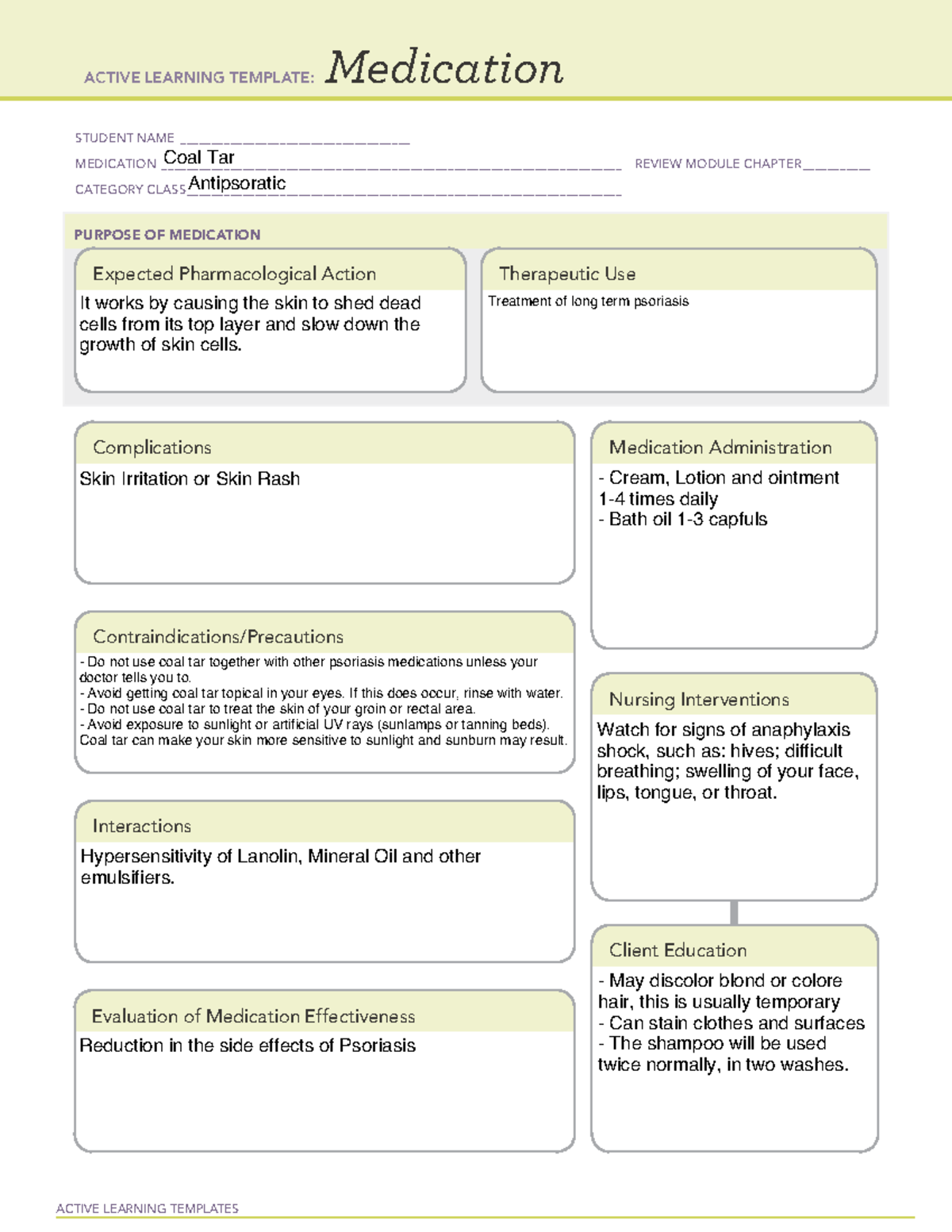 COAL TAR - Ati med temp - ACTIVE LEARNING TEMPLATES Medication STUDENT ...
