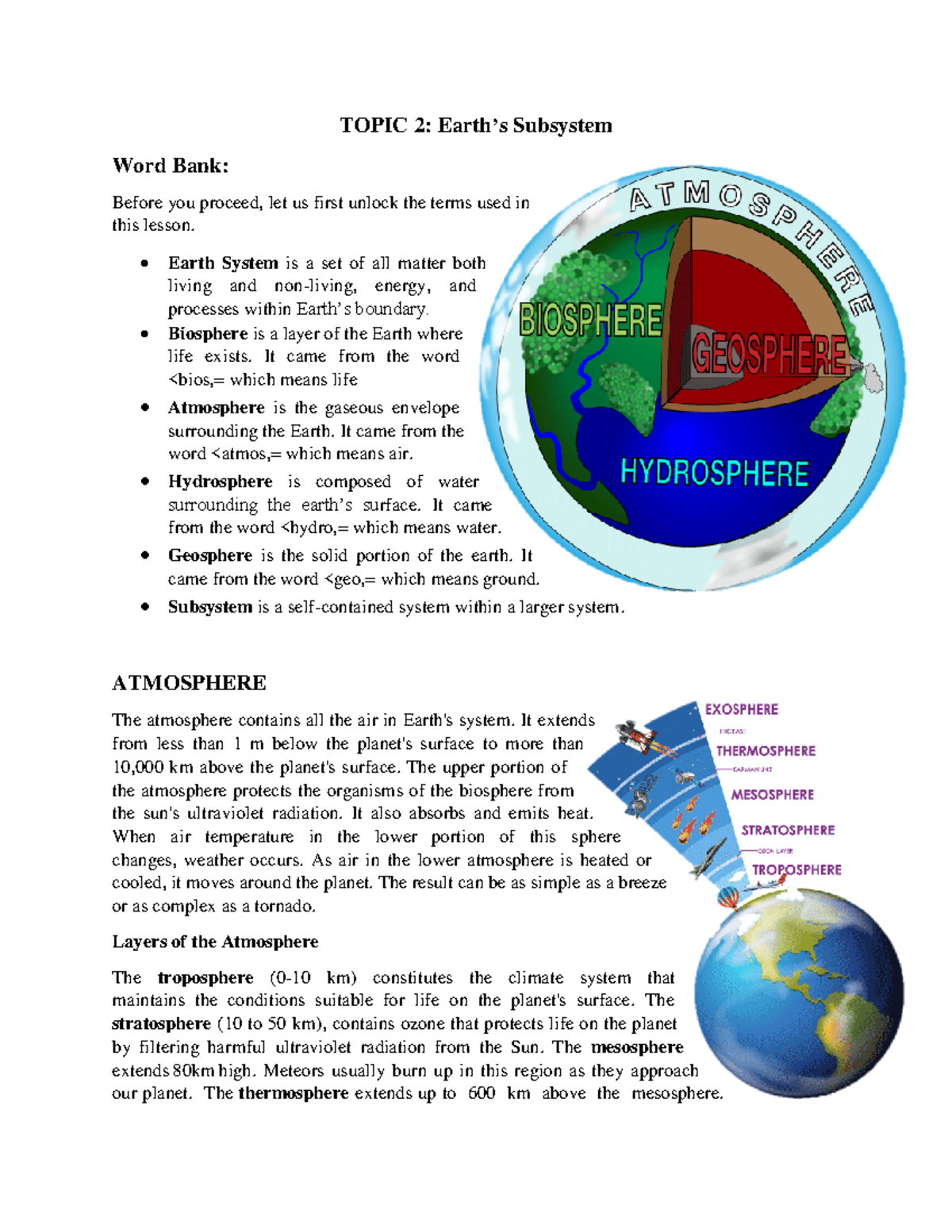 Topic 2 - TOPIC 2: Earth’s Subsystem Word Bank: Before you proceed, let ...