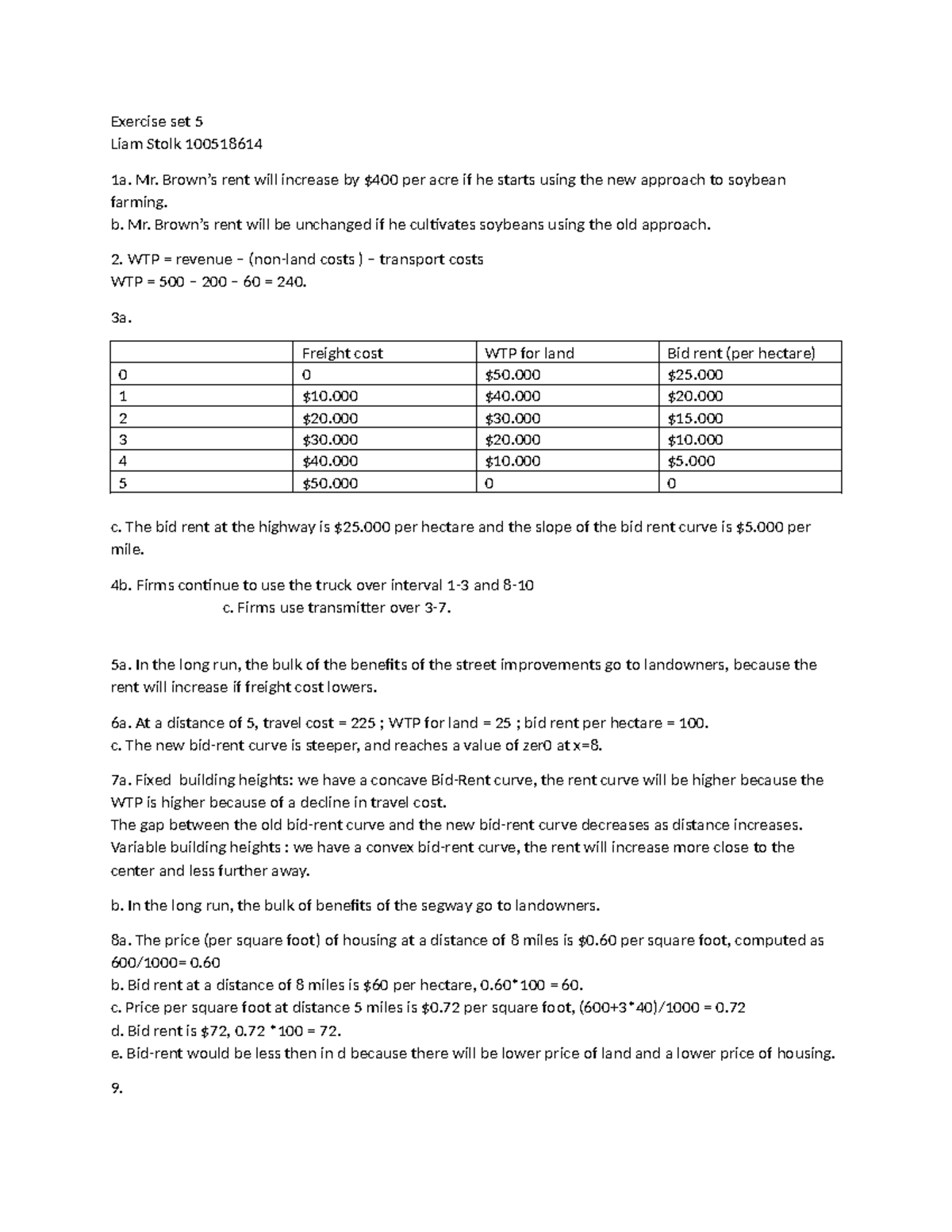 Exercise set 5 - Exercise set 5 Liam Stolk 100518614 1a. Mr. Brown’s rent will increase by $400 ...
