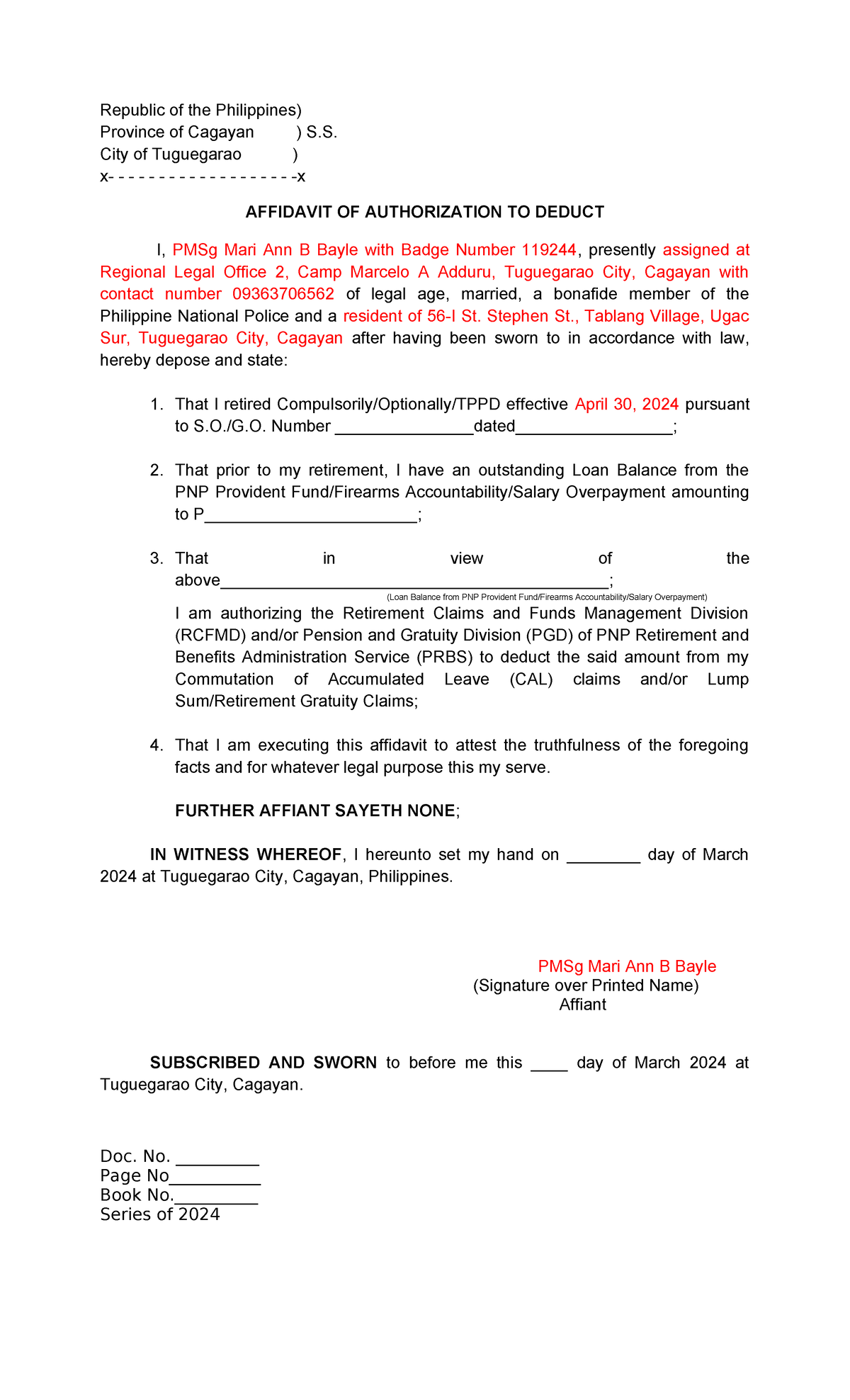 PCMS Silva Authority to Deduct - Republic of the Philippines) Province ...