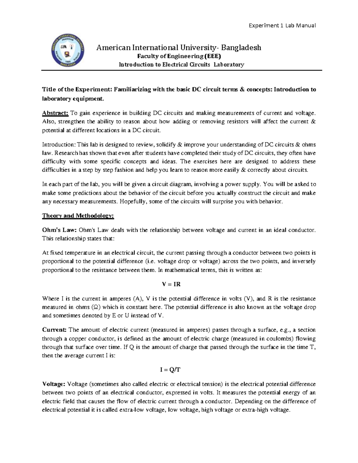 IEC EXP 1 Student Manual - Experiment 1 Lab Manual American ...