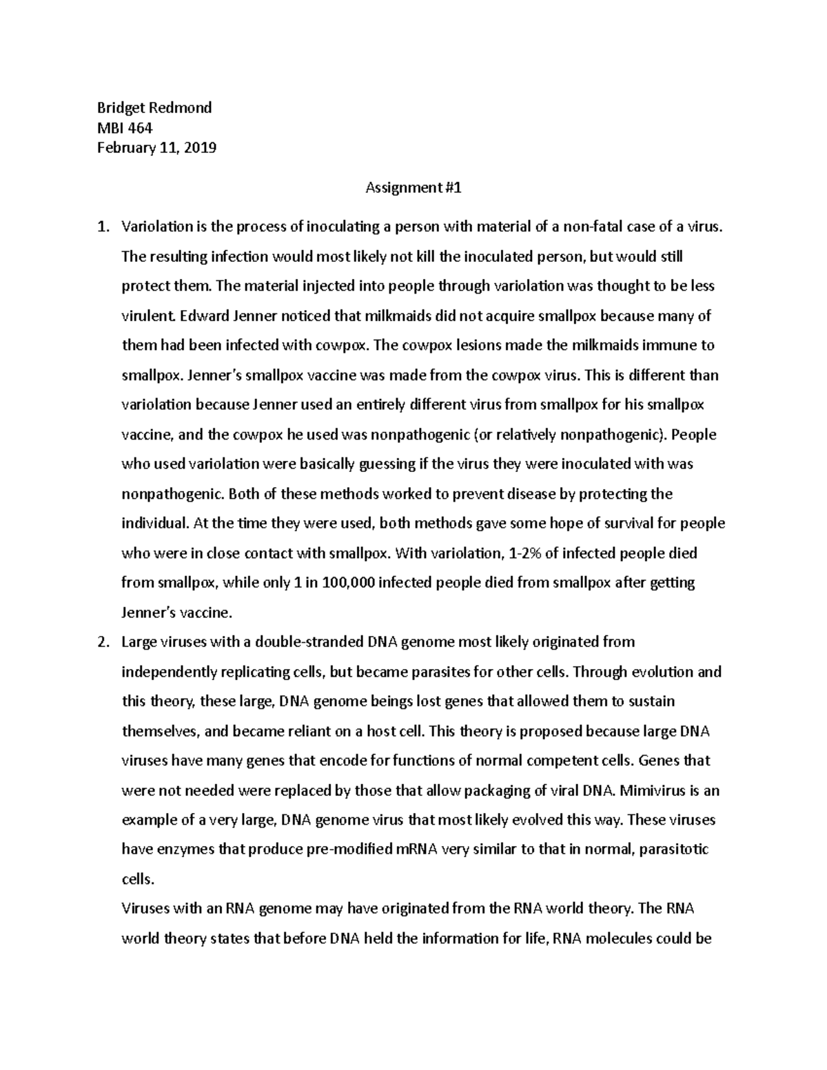 Assignment 1- introduction to viruses - Bridget Redmond MBI 464 ...