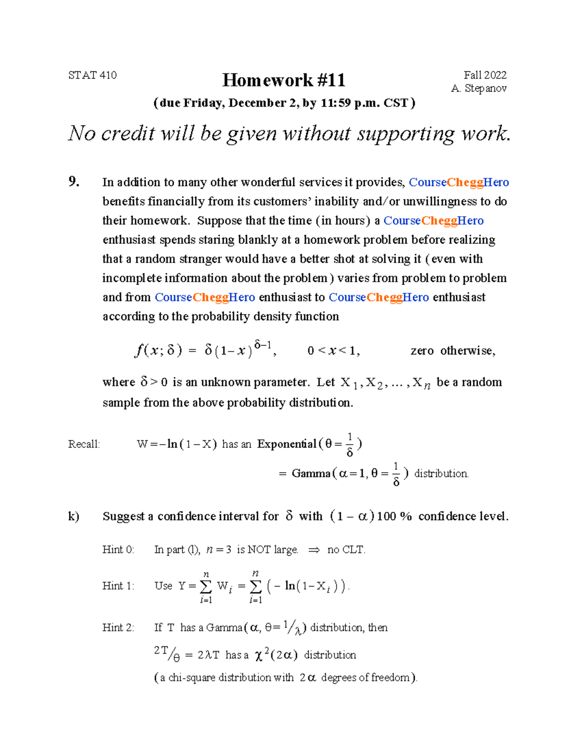 UIUC STAT 410 Homework 11 Answers - STAT 410 Homework ( due Friday ...