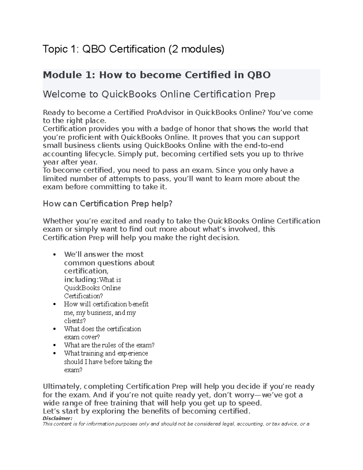 QBO Certification 1st Part - Topic 1: QBO Certification (2 modules ...