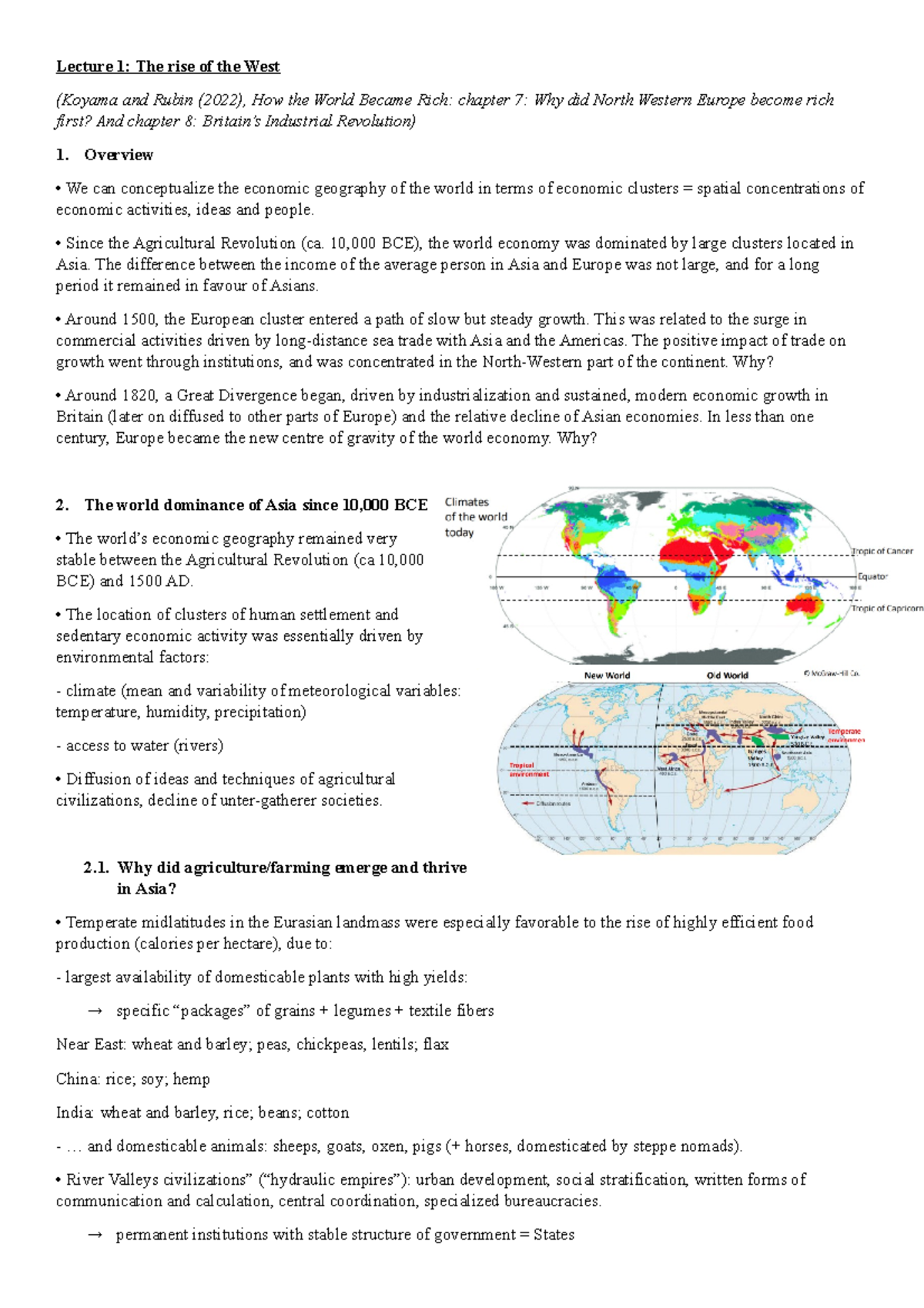 Tema 1 magistral Economic world history - Lecture 1: The rise of the ...