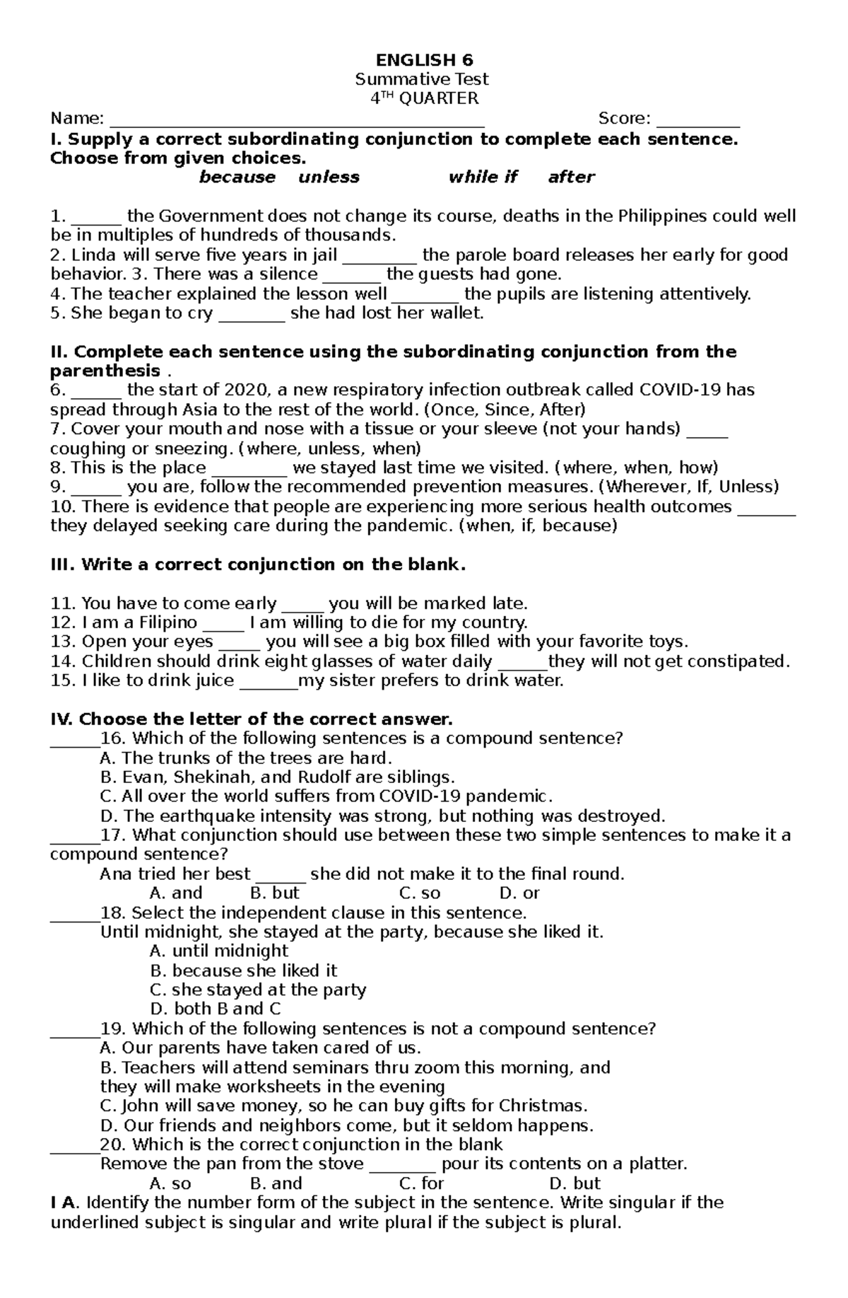 English Q4 Summative TEST - ENGLISH 6 Summative Test 4 TH QUARTER Name ...
