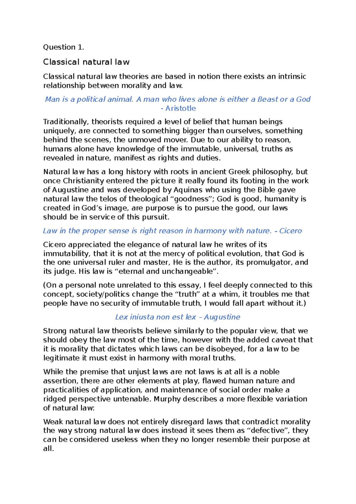 Fuller - Grade: HD - Question 1. Classical natural law Classical ...