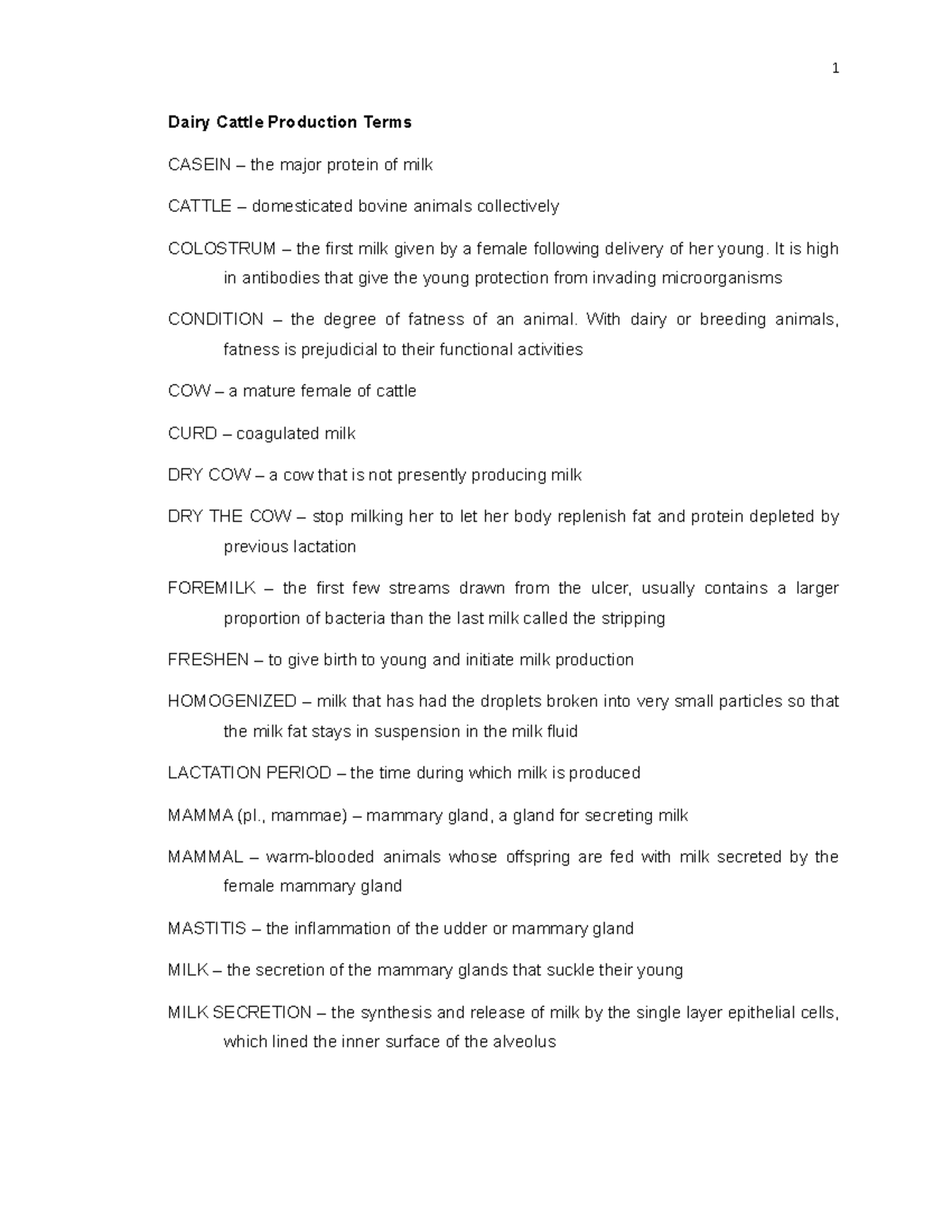 Dairy Cattle Production Terms - Dairy Cattle Production Terms CASEIN ...