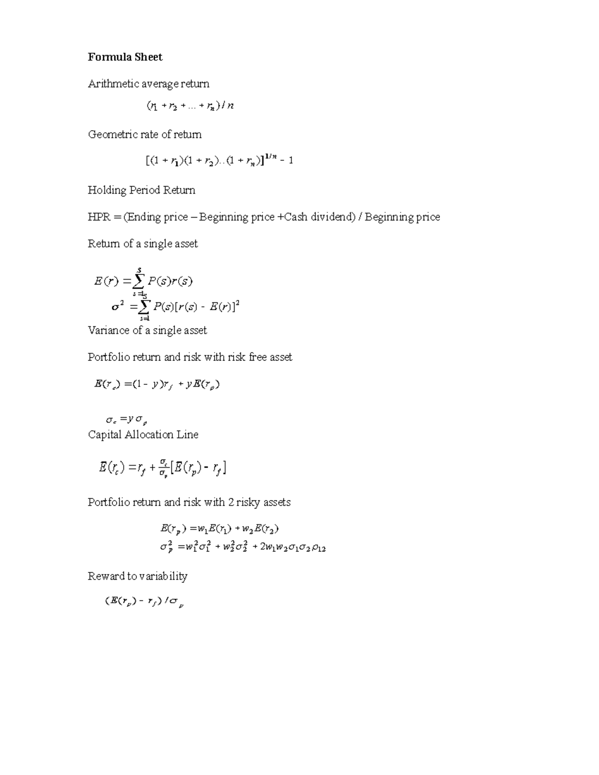 Formula sheet to course FIR 3710 - Formula Sheet Arithmetic average ...