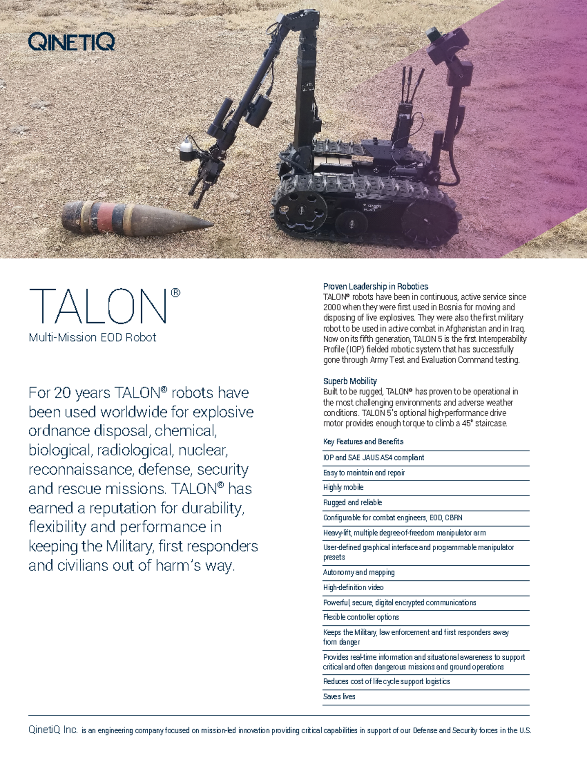 Talon Datasheet - lkfm;lwLWG - TALON ® Multi-Mission EOD Robot Proven Leadership in Robotics ...