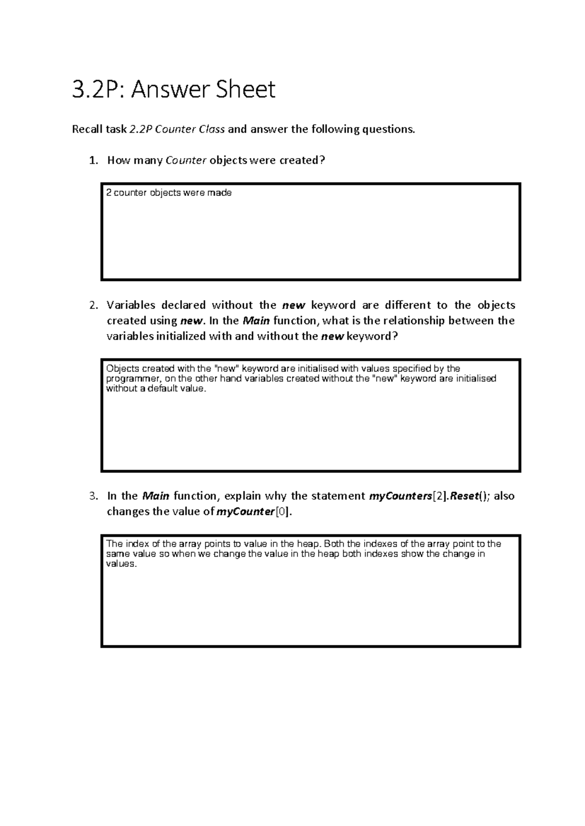 3.2P The Stack and Heap - 3: Answer Sheet Recall task 2 Counter Class and answer the following ...