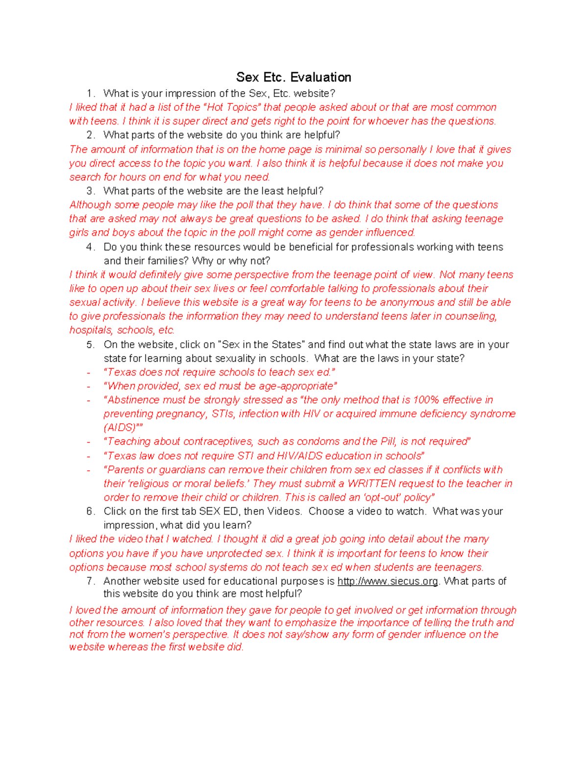 Copy Of Sex Etc Evaluation Sex Etc Evaluation 1 What Is Your Impression Of The Sex Etc