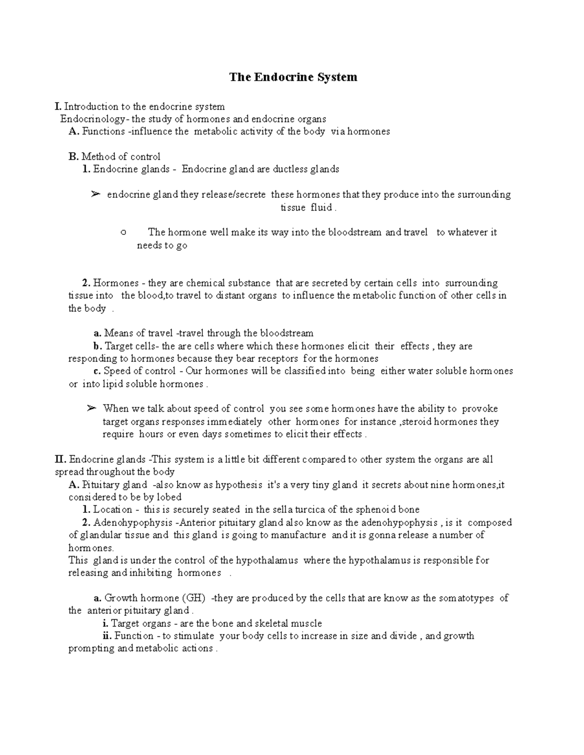 Chapter 18 notes - The Endocrine System I. Introduction to the ...