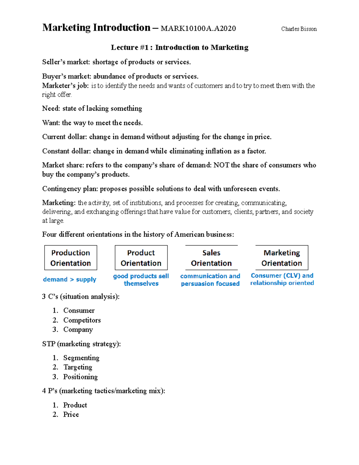 Marketing Notes - Marketing Introduction – MARK10100A Charles Bisson ...