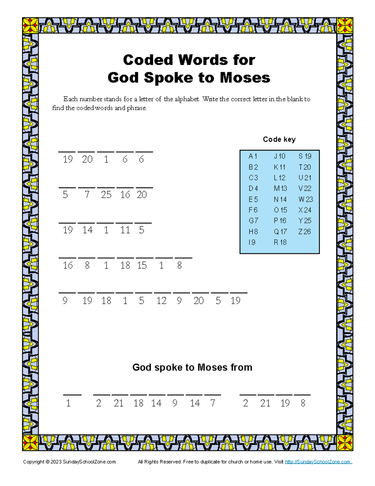 Coded Words for God Spoke to Moses - Copyright © 2023 SundaySchoolZone ...