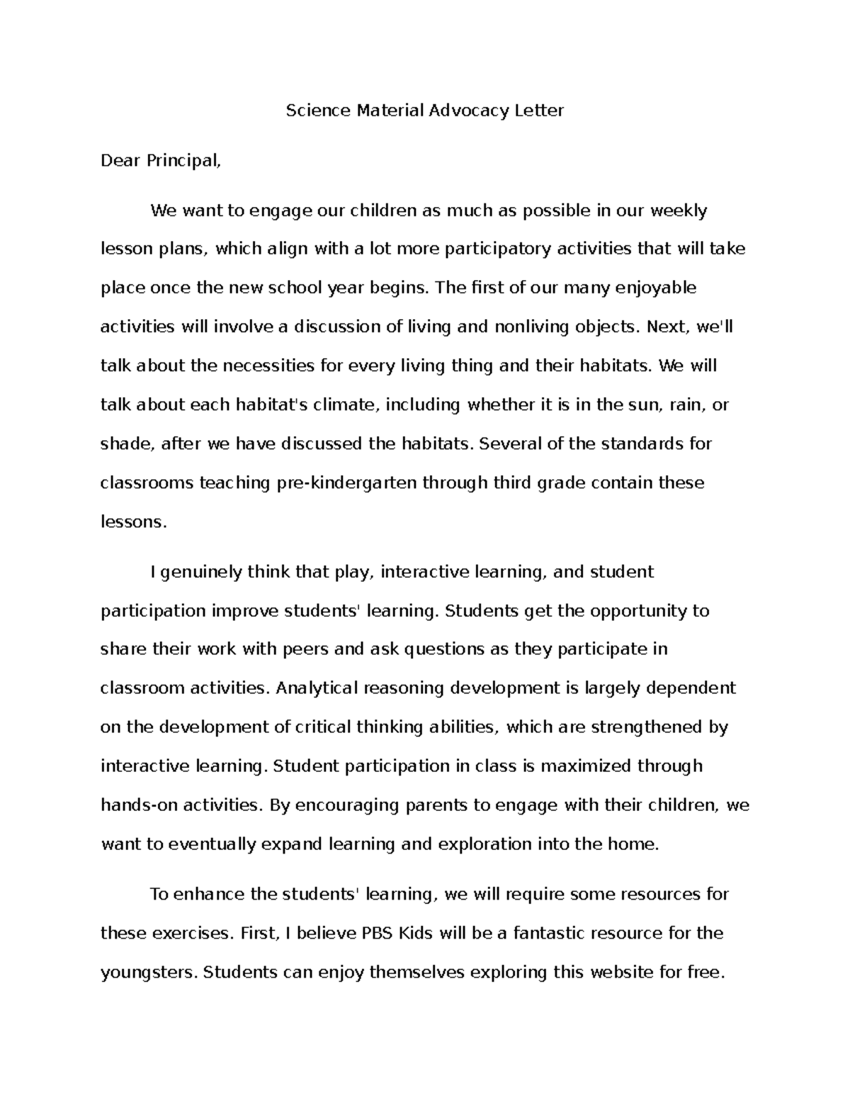 Science Material Advocacy Letter - The first of our many enjoyable ...