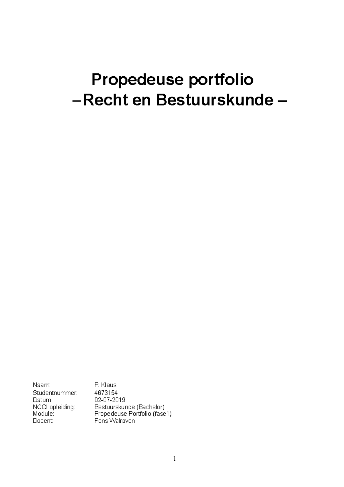 P.Klaus Propedeuseportfolio - Propedeuse portfolio – Recht en ...
