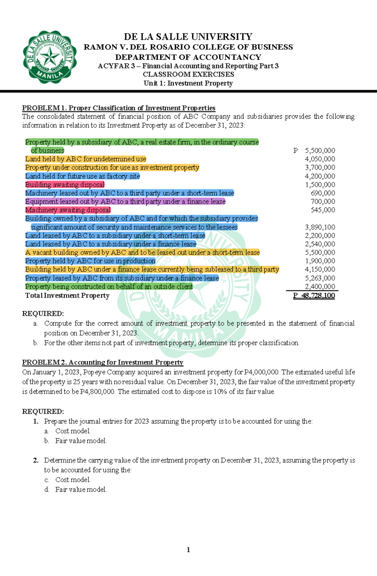 Acyfar 3 CE 1 Investment Property - 1 DE LA SALLE UNIVERSITY RAMON V ...