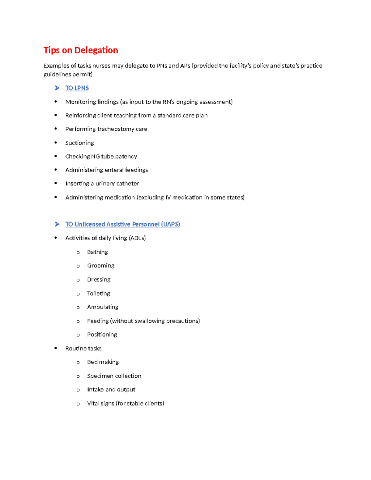 Tips on delegation - Tips on Delegation Examples of tasks nurses may ...