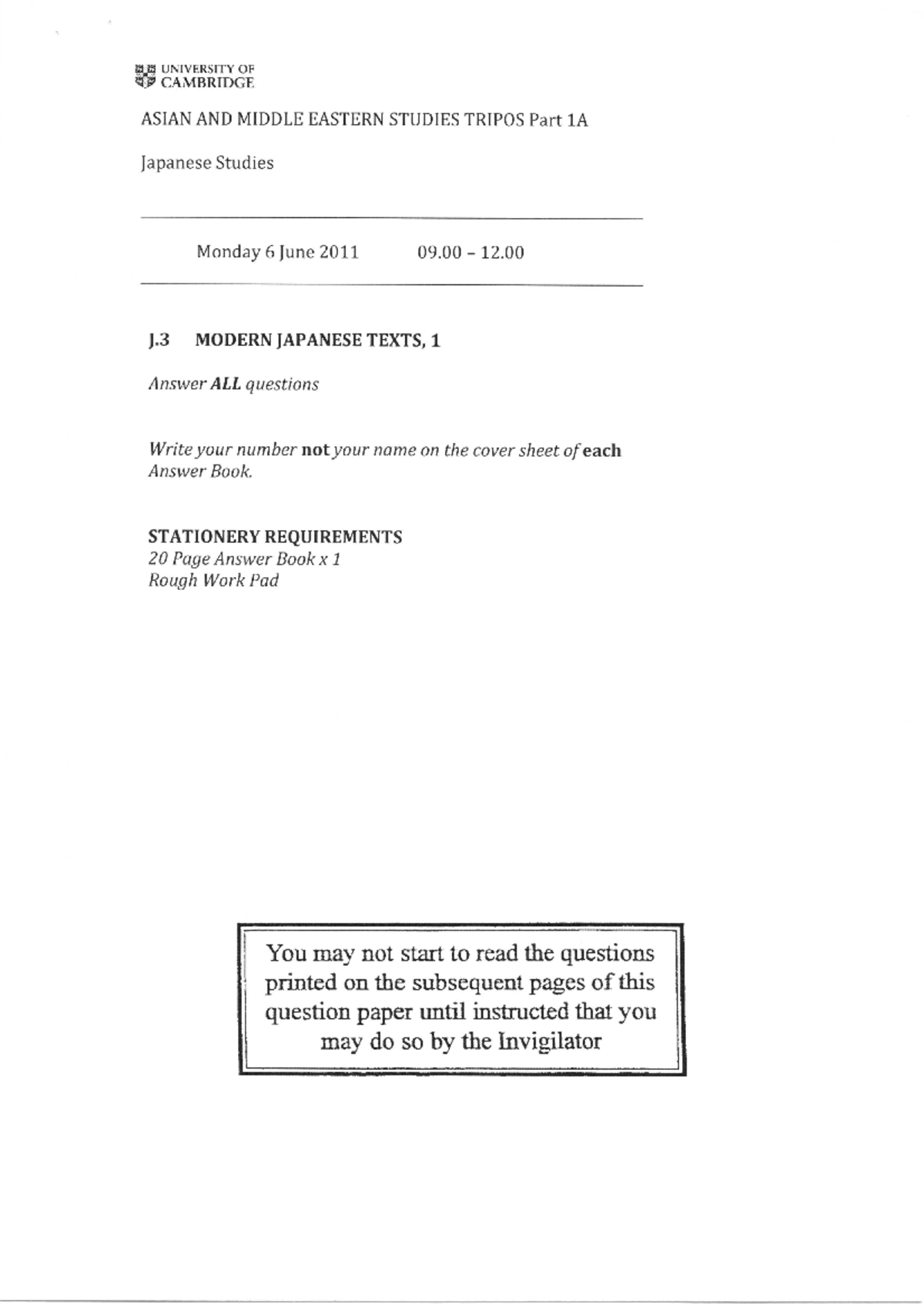 Exam 2011, questions - UNIVERSITY OF CAMBRIDGE ASIAN AND MIDDLE EASTERN ...