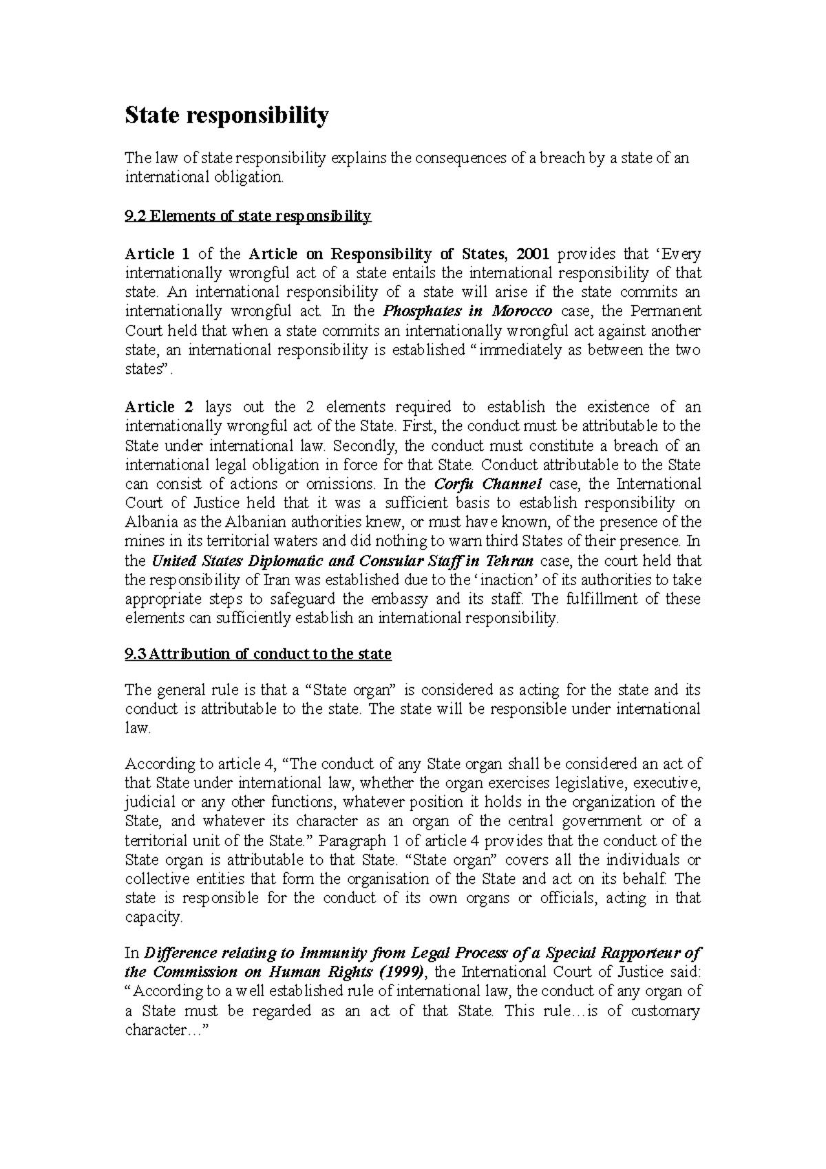 State responsibility 1 - 9 Elements of state responsibility Article 1 ...