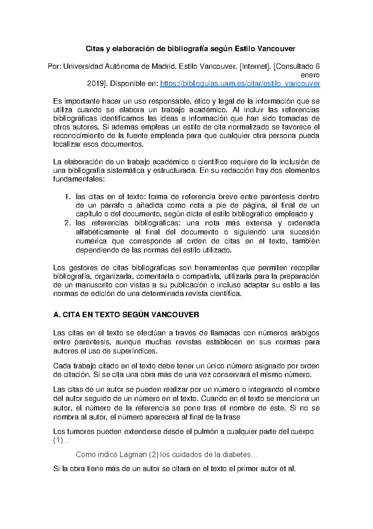 Manual Citas y referencia según estilo Vancouver - Citas y elaboración ...