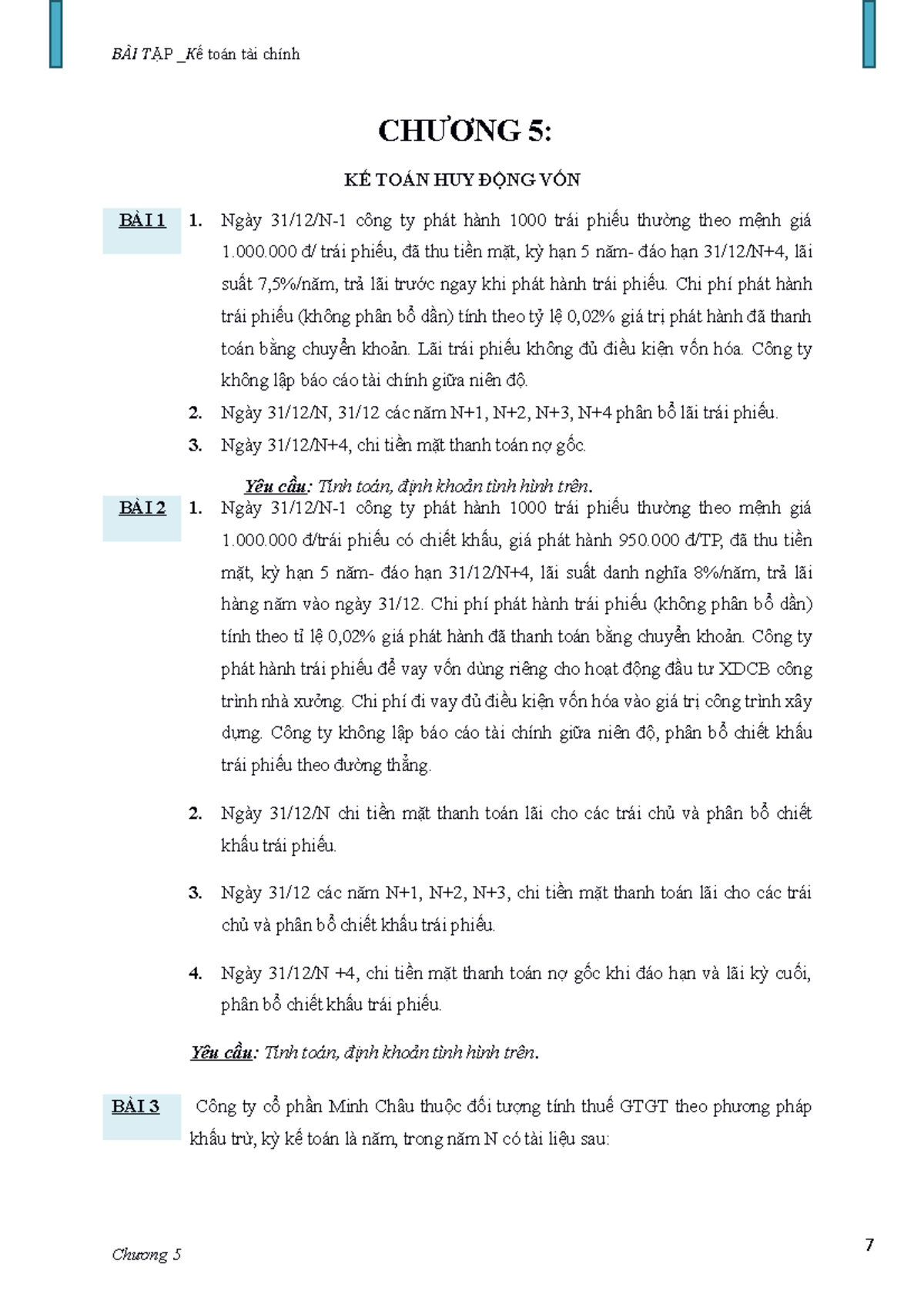 Bai tap chuong 5 - BT chương 5 KTTC - BÀI TẬP _Kế toán tài chính CHƯƠNG 5: KẾ TOÁN HUY ĐỘNG VỐN ...
