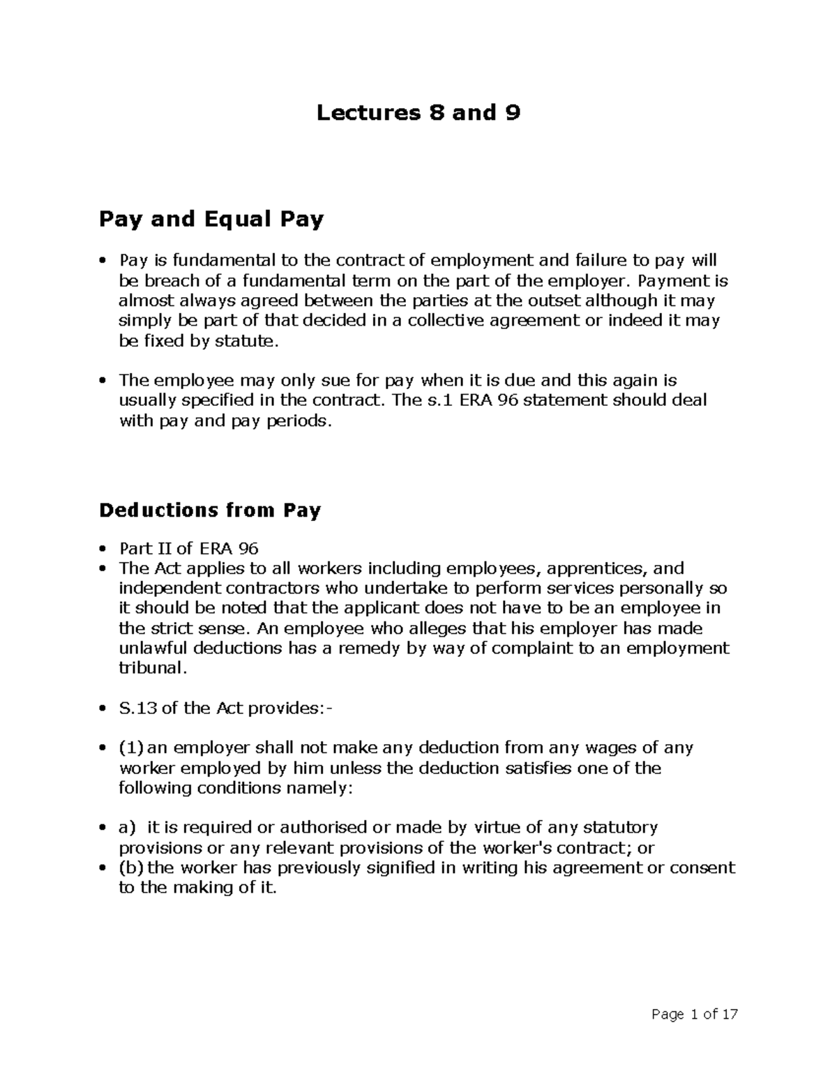 L8 & 9 Pay and Equal Pay - Lectures 8 and 9 Pay and Equal Pay Pay is ...