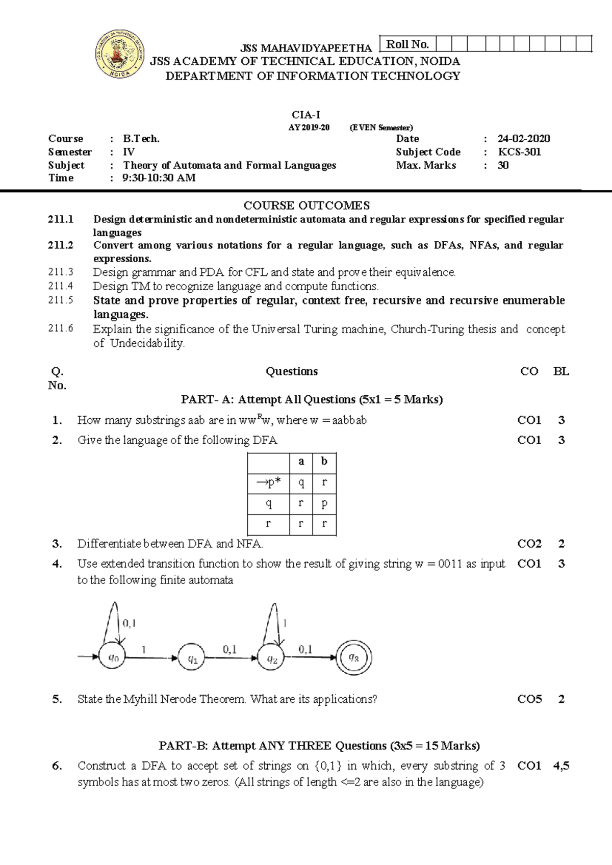 455983326 TAFL KCS 402 CIA I 2022 23 - JSS MAHAVIDYAPEETHA JSS ACADEMY OF TECHNICAL EDUCATION ...