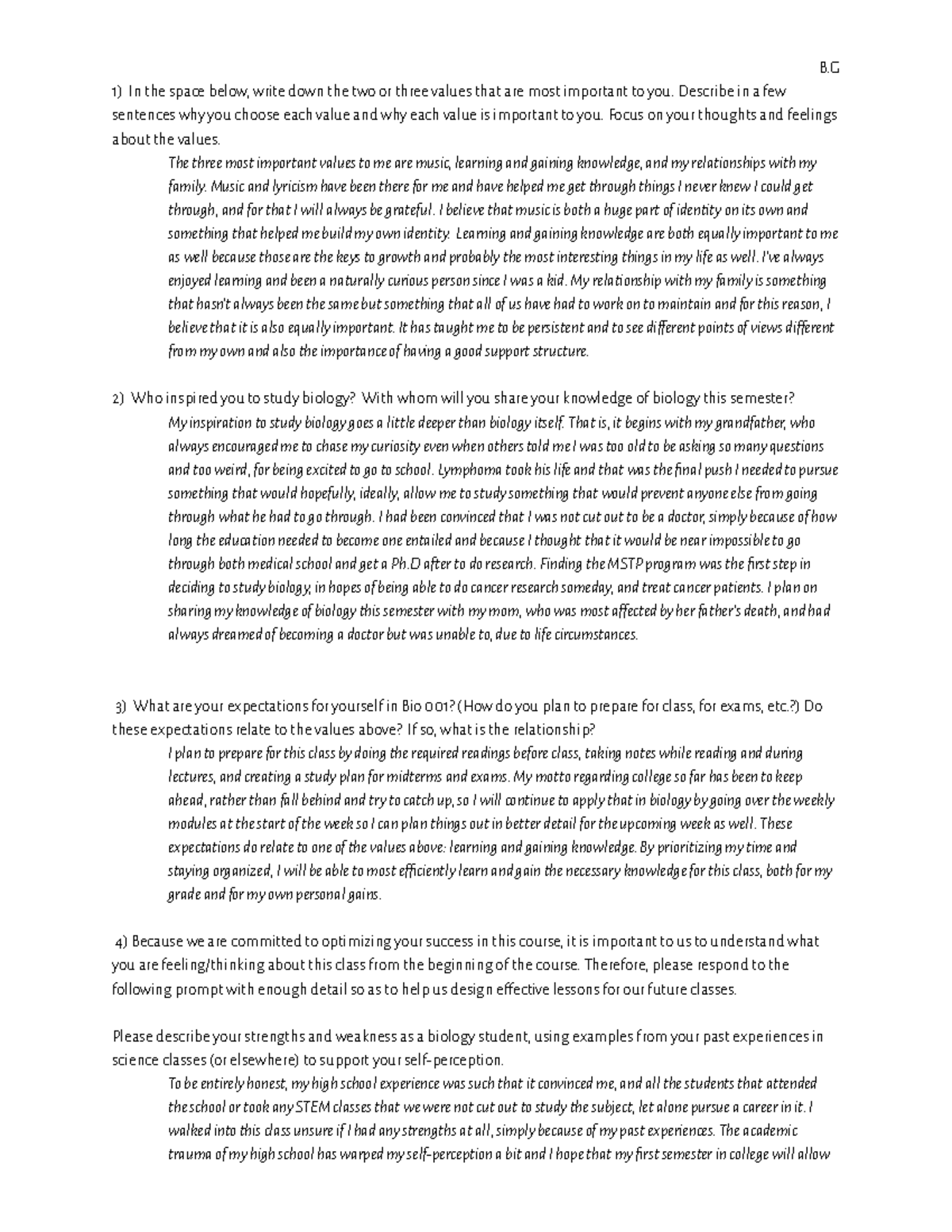 Bio 001 journal #1 - B In the space below, write down the two or three ...