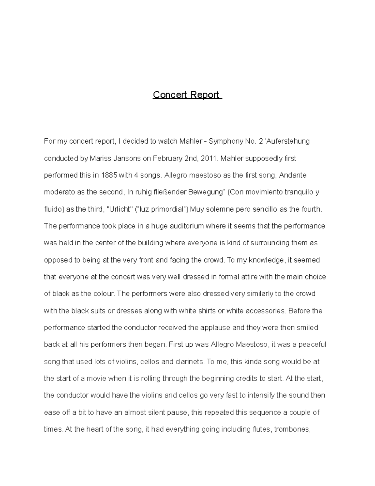 Concert Report #3 - this is an essay analysis on the play Mahler ...