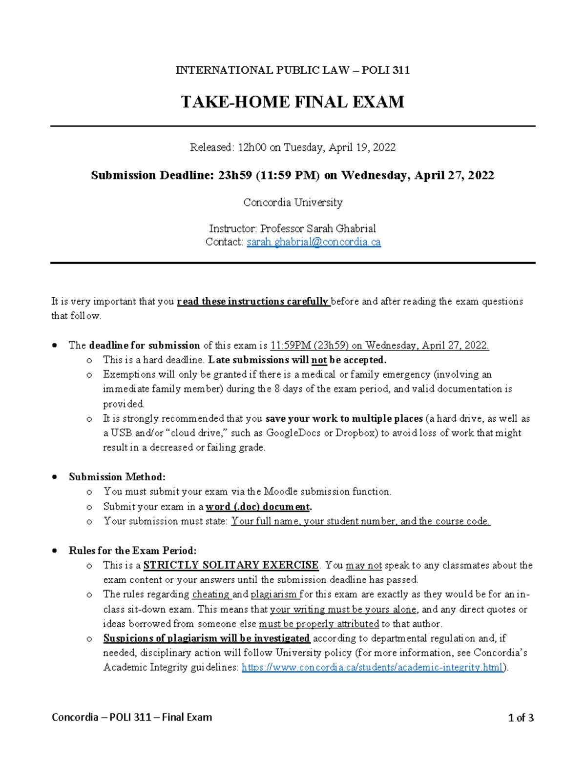 311 International Public LAW Final EXAM - Concordia – POLI 311 – Final Exam 1 of 3 INTERNATIONAL ...