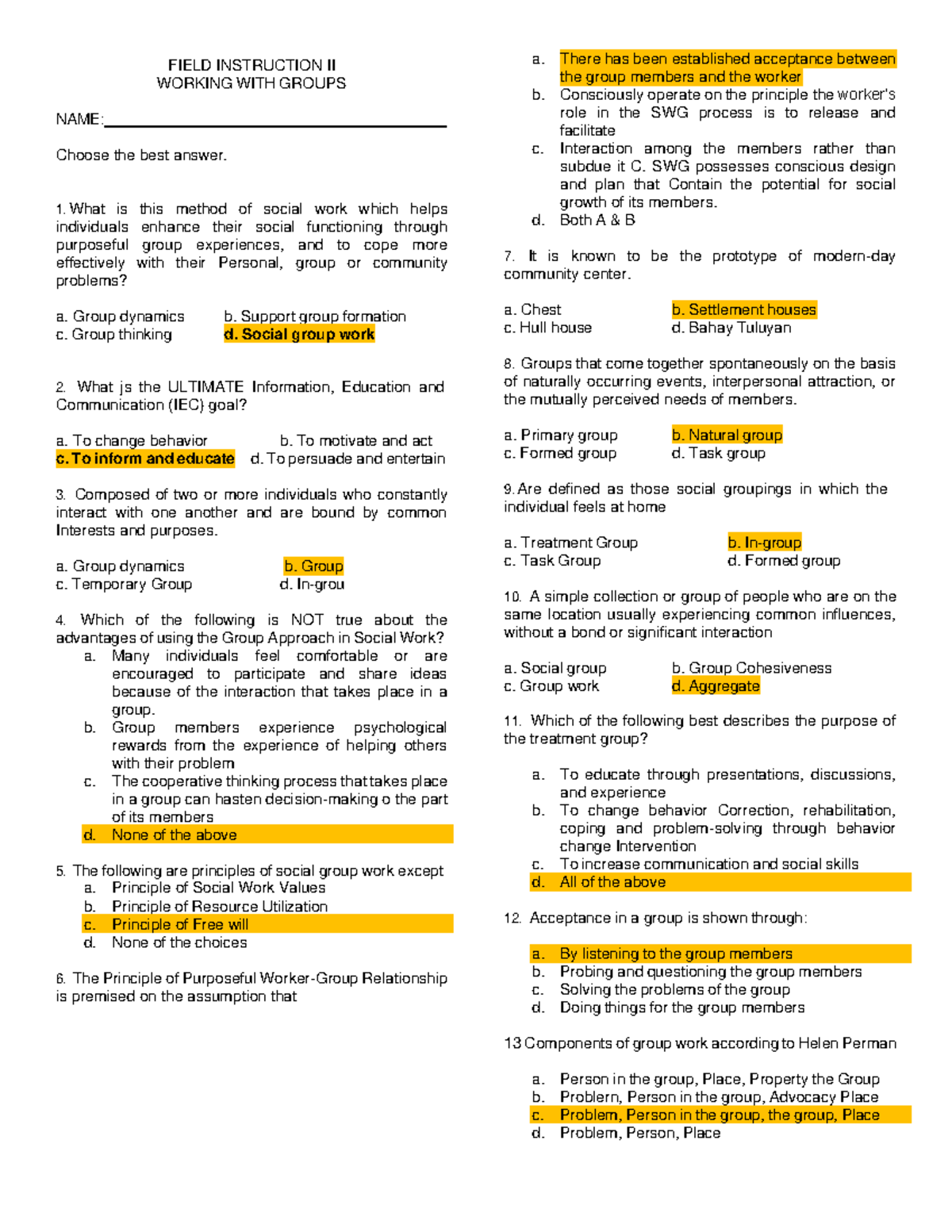 Groupwork PRACTICE DRILL - FIELD INSTRUCTION II WORKING WITH GROUPS ...