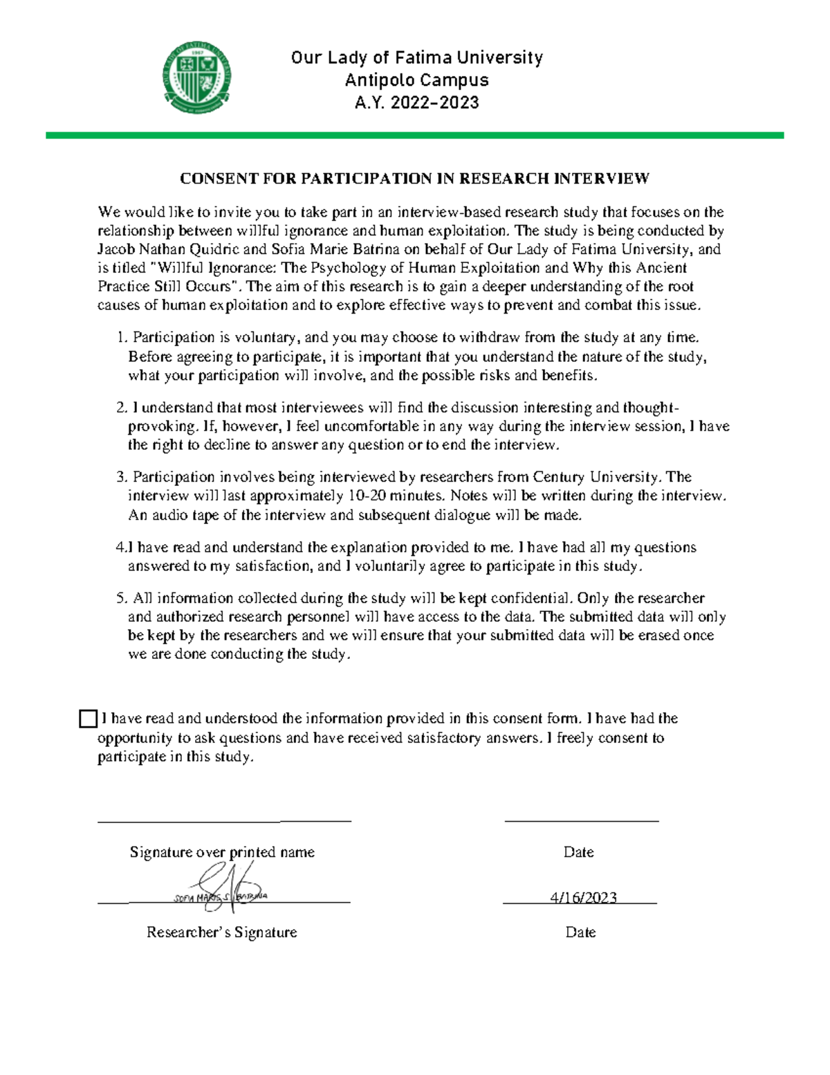 Consent FOR Participation IN Research Interview - Our Lady of Fatima ...