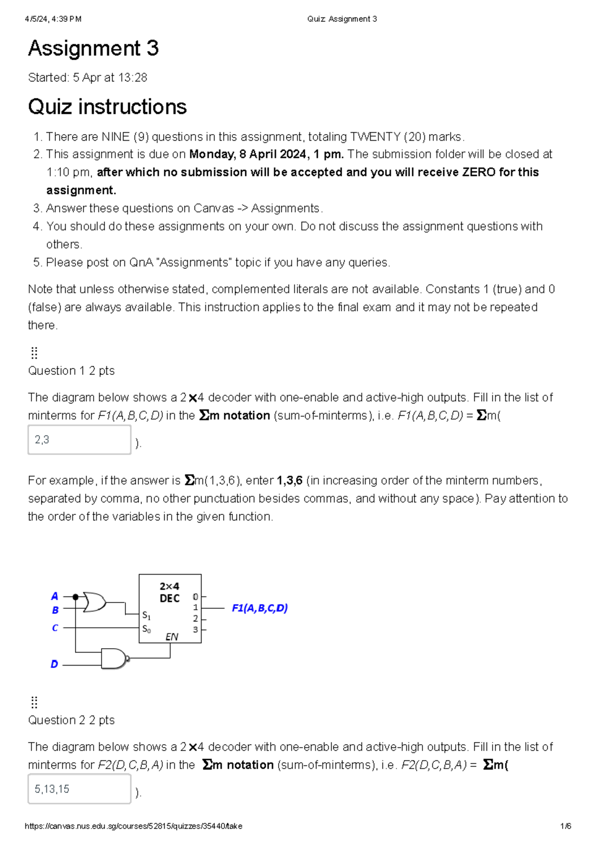 Quiz Assignment 3 - ass 3 - Assignment 3 Started: 5 Apr at 13: Quiz instructions Question 1 2 ...