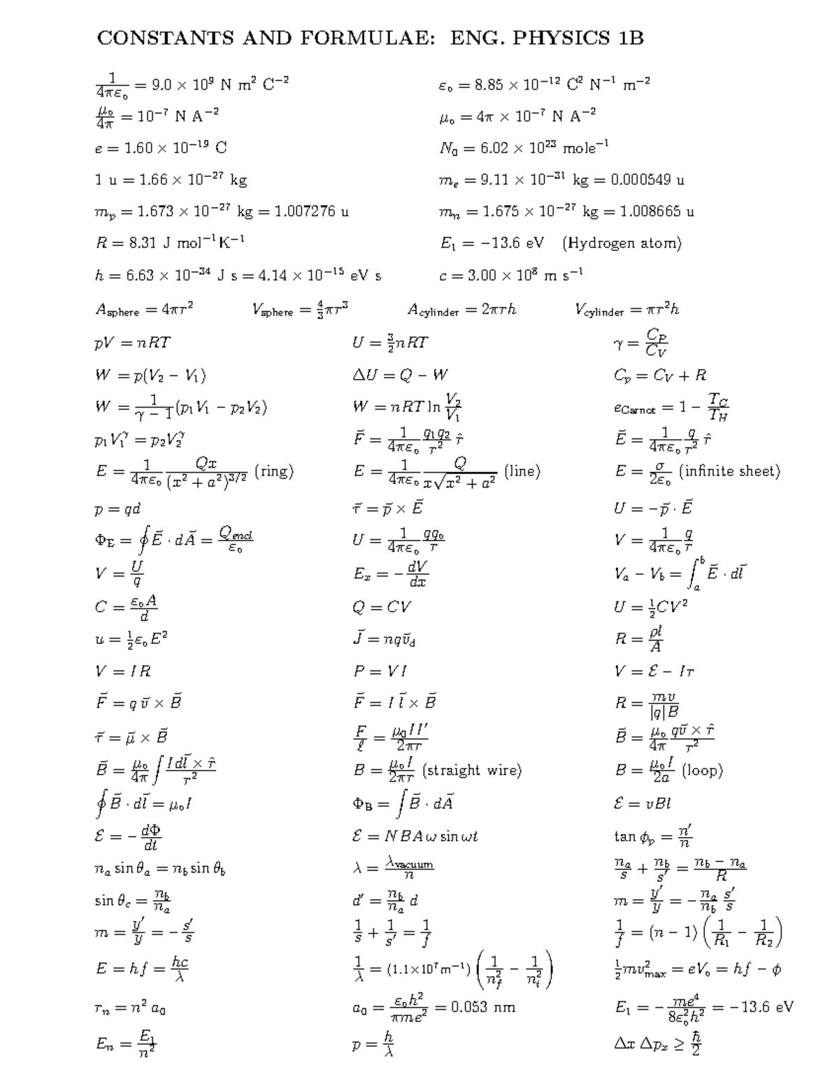 Exam practice list prac - CONSTANTS AND FORMULAE: ENG. PHYSICS 1B 1 4 πε = 9. 0 × 109 N m 2 C − ...
