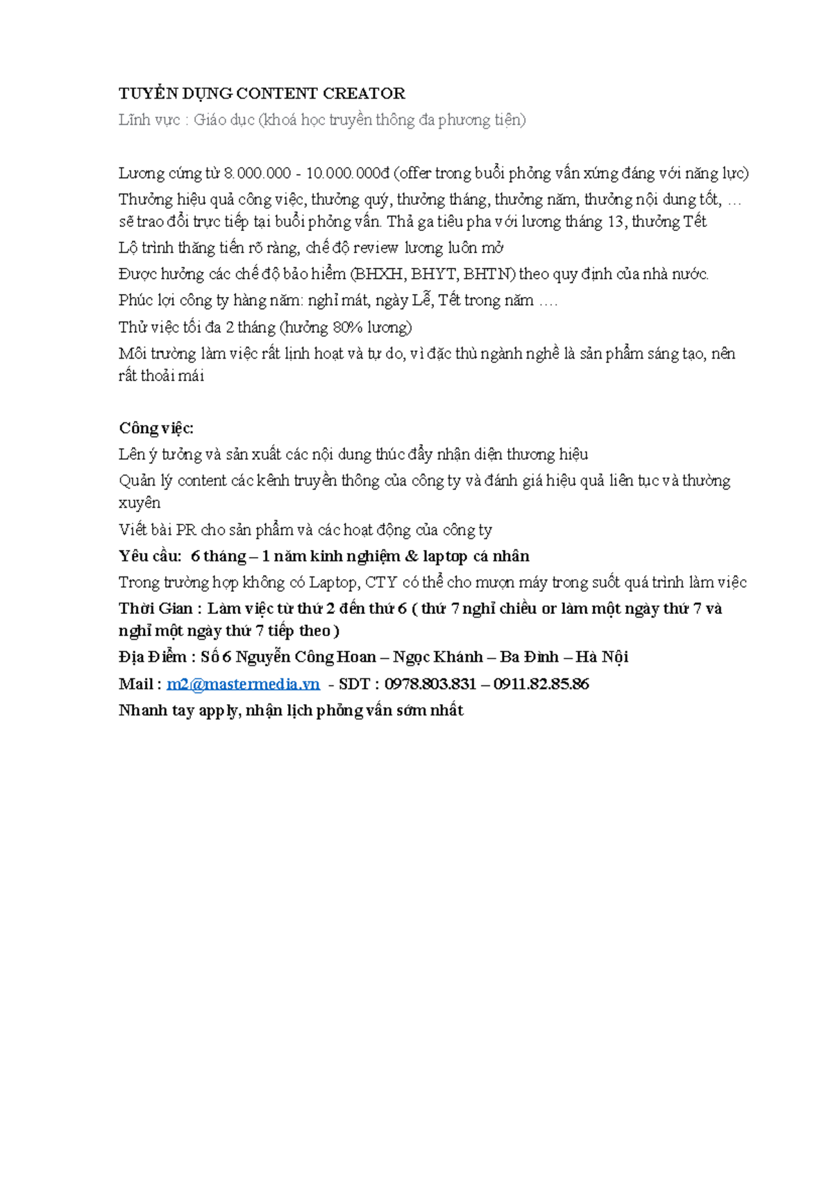 A - hanoi - TUYỂN DỤNG CONTENT CREATOR L椃̀nh vư뀣c : Gi愃Āo d甃⌀c (kho愃Ā h漃⌀c truy n thông đa ...