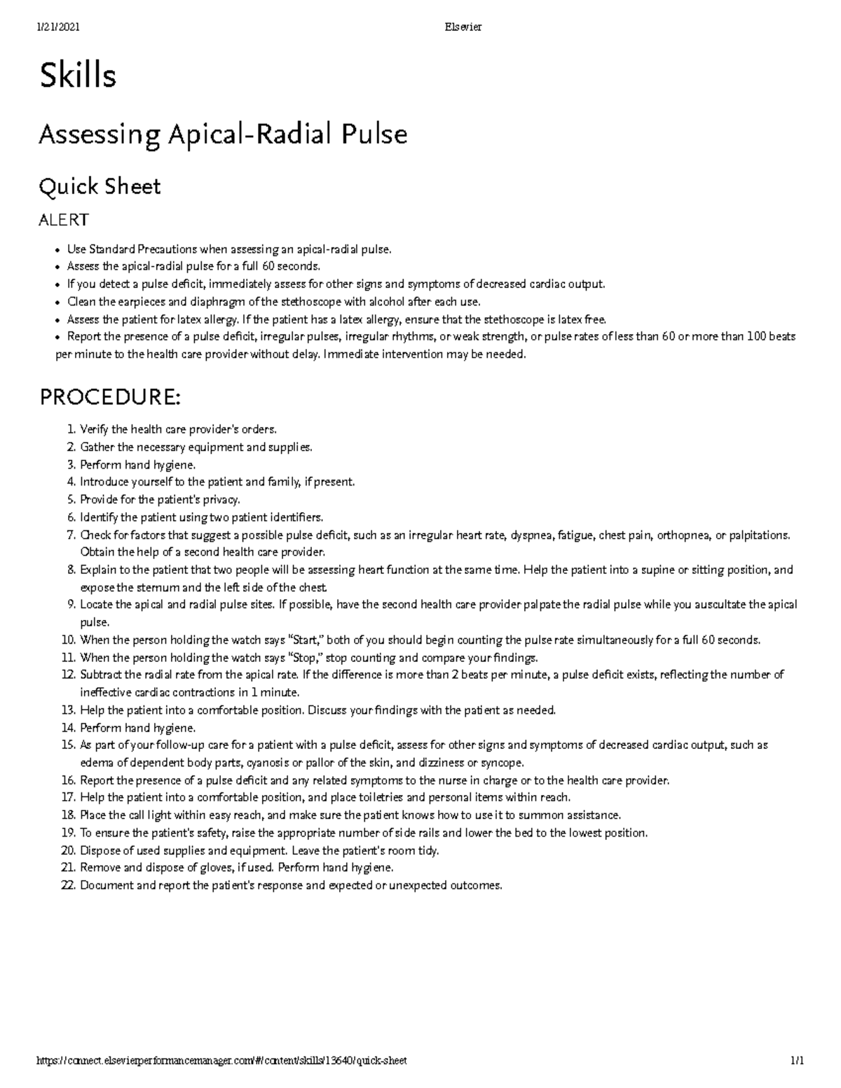 Quicksheet Apical-Radial Pulse - 1/21/2021 Elsevier - Studocu